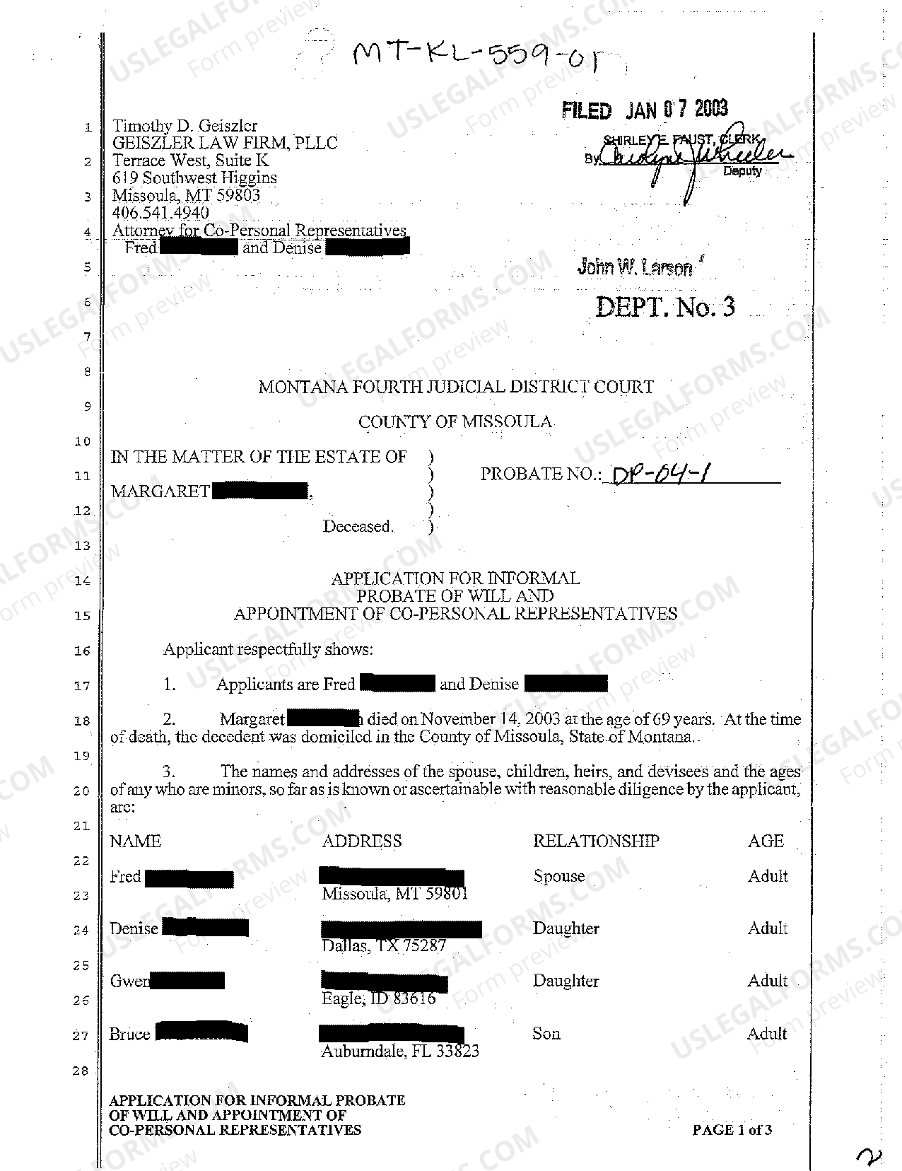 Montana Application for Informal Probate of Will and Appointment of Co ...