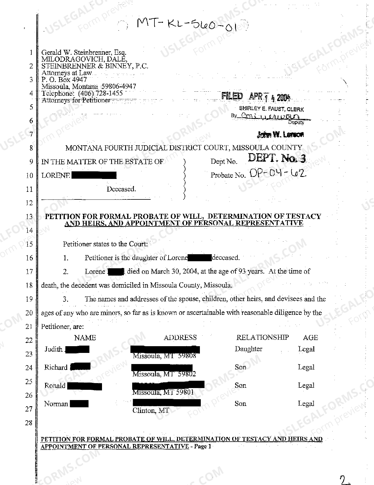 Montana Petition for Formal Probate of Will, Determination of Testacy ...