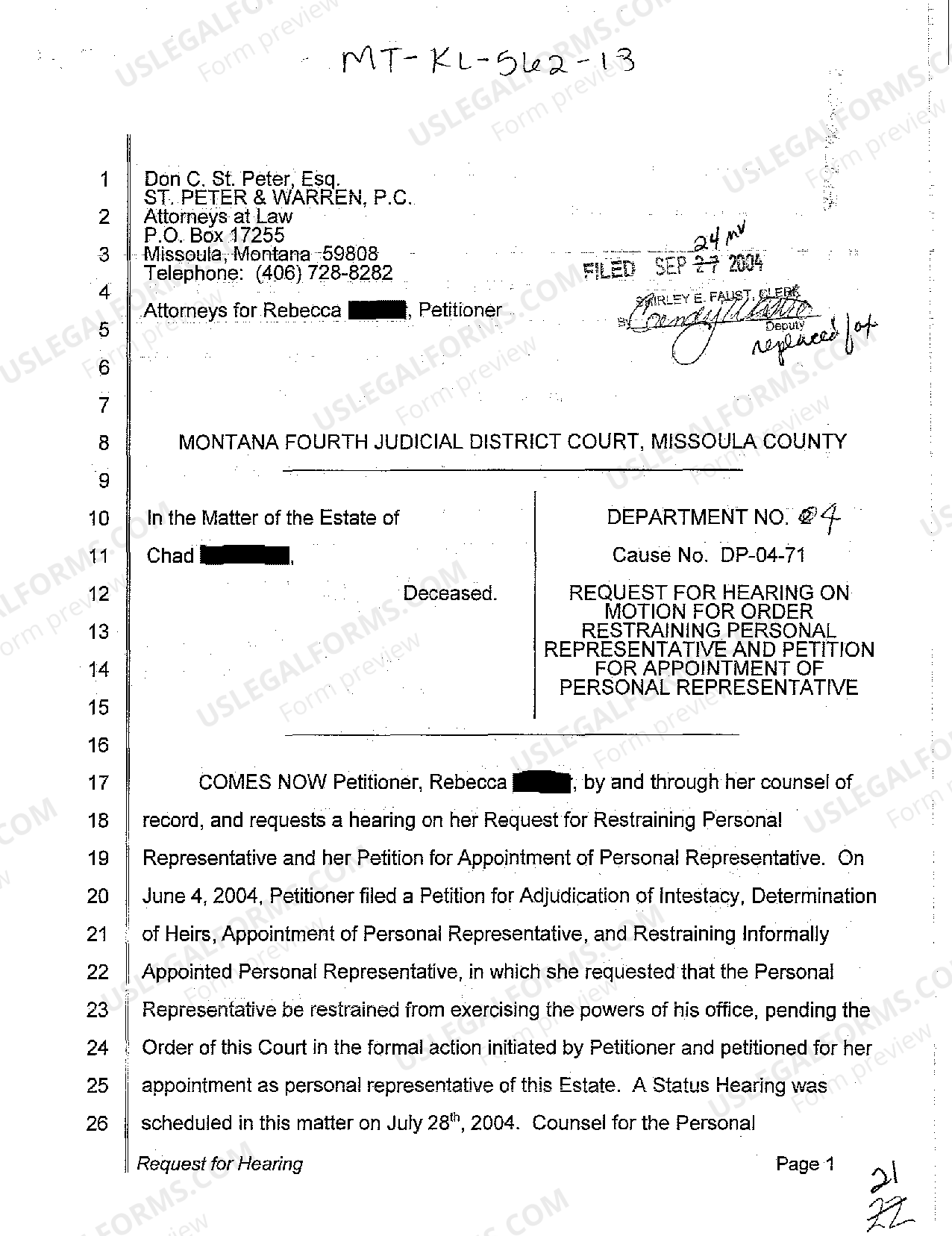 Montana Request for Hearing on Motion for Order Restraining Personal Representative and Petition ...
