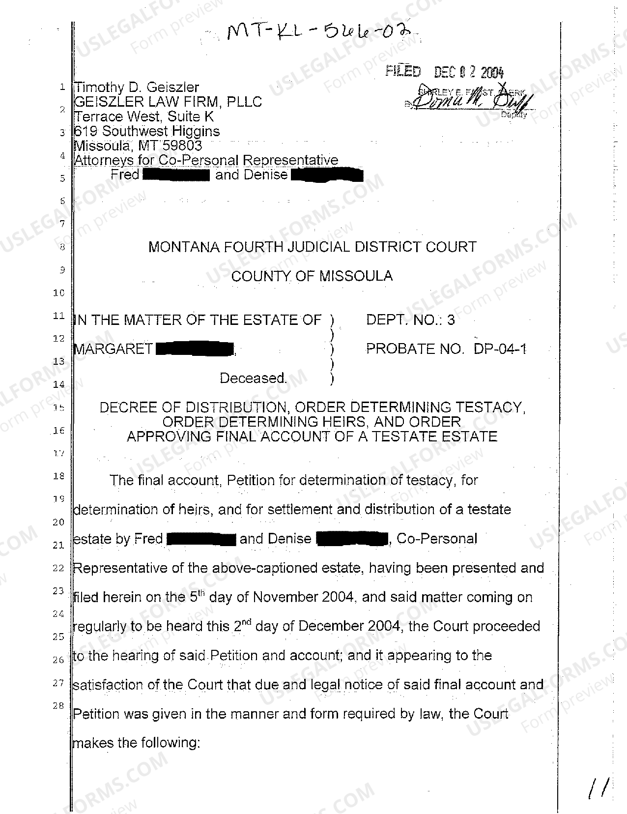 Montana Decree of Distribution, Order Determining Testacy, Determining ...