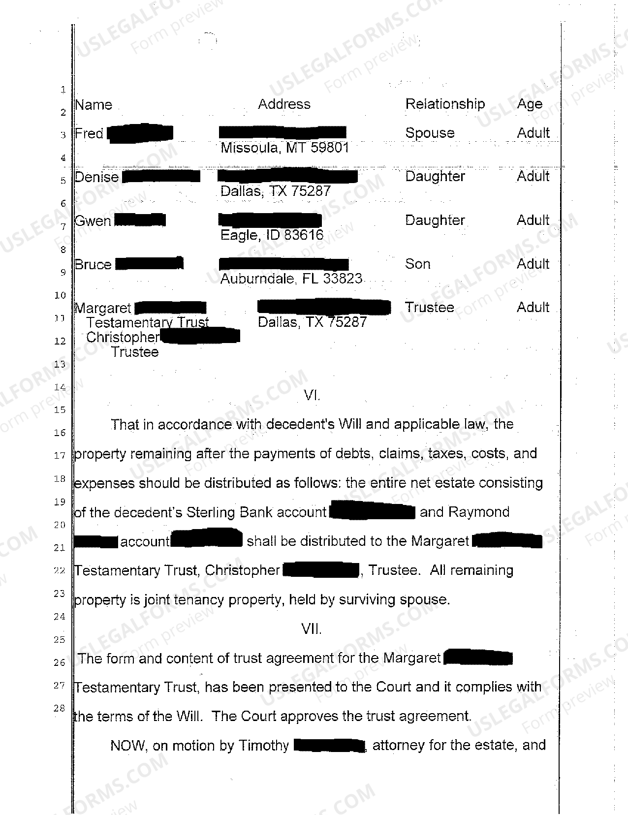 Montana Decree of Distribution, Order Determining Testacy, Determining ...