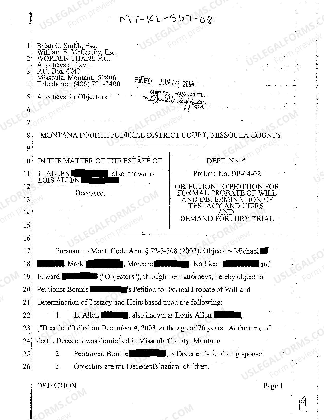 Montana Objection to Petition for Formal Probate of Will and ...