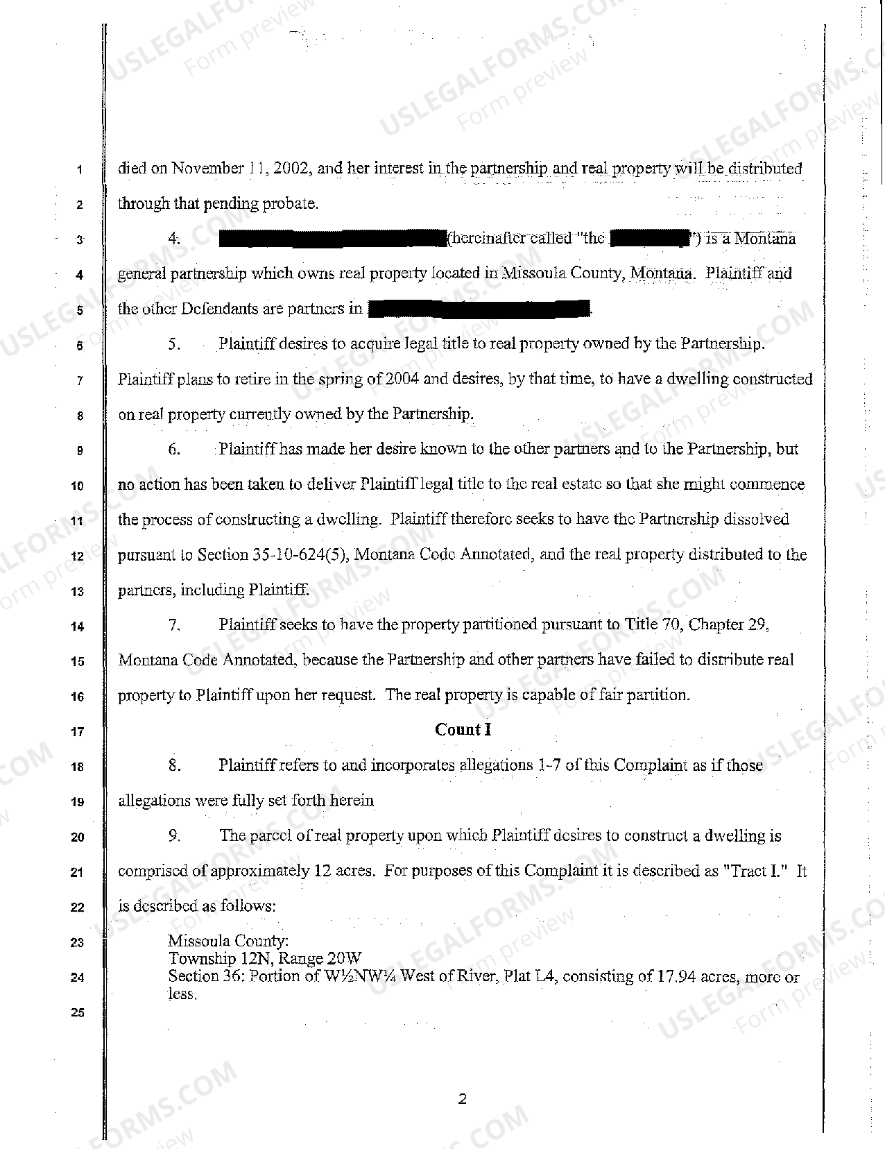 Complaint Partition Montana For Judicial | US Legal Forms