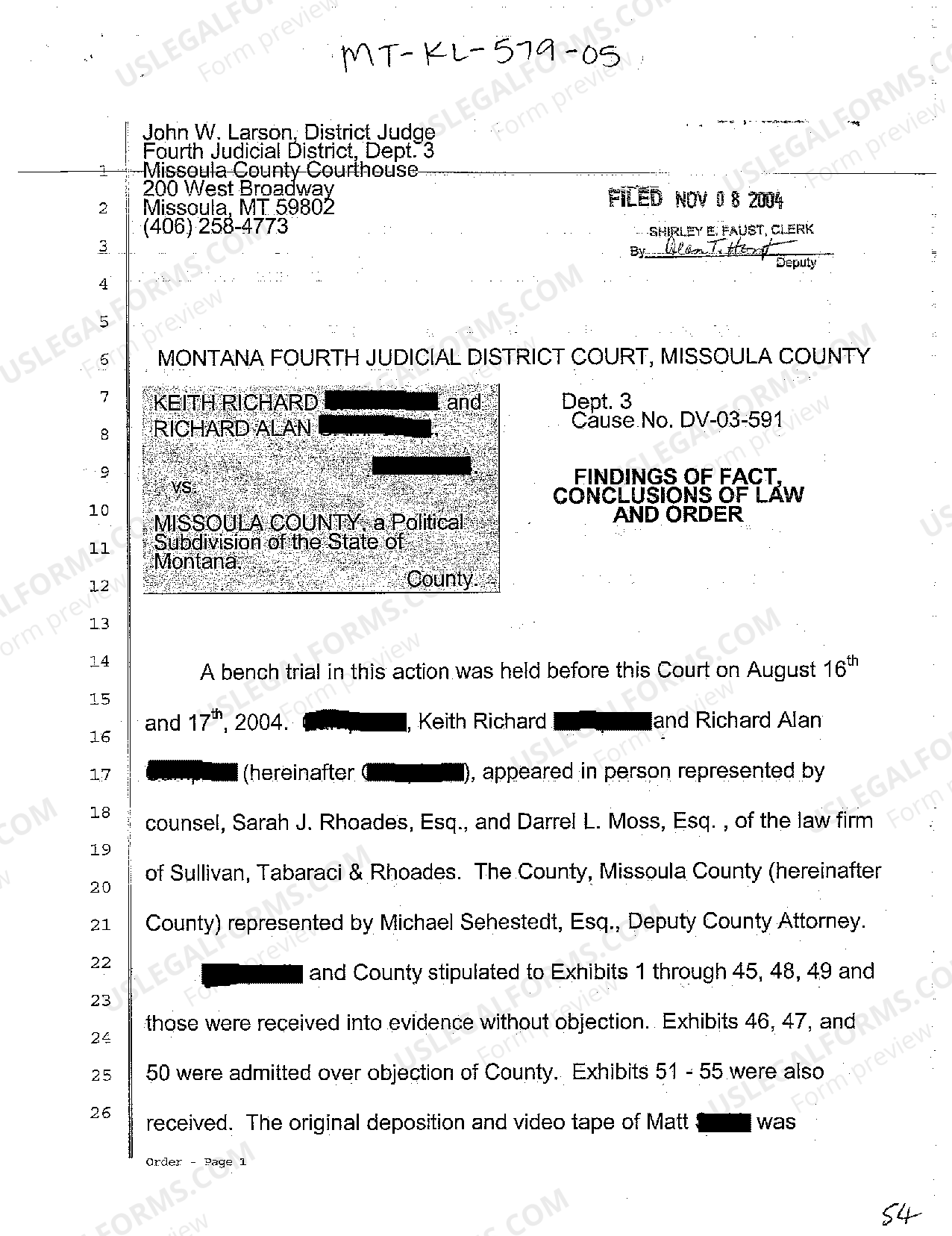 Montana Findings of Fact, Conclusion of Law and Order | US Legal Forms