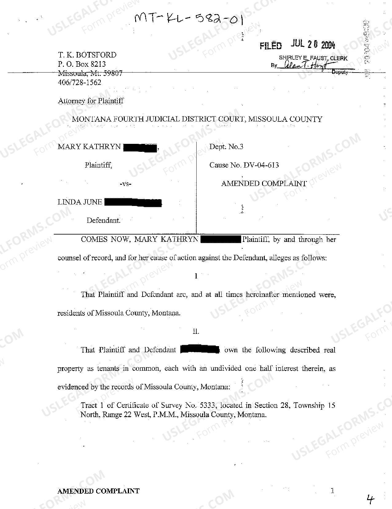 Montana Amended Complaint for Partition of Property | US Legal Forms