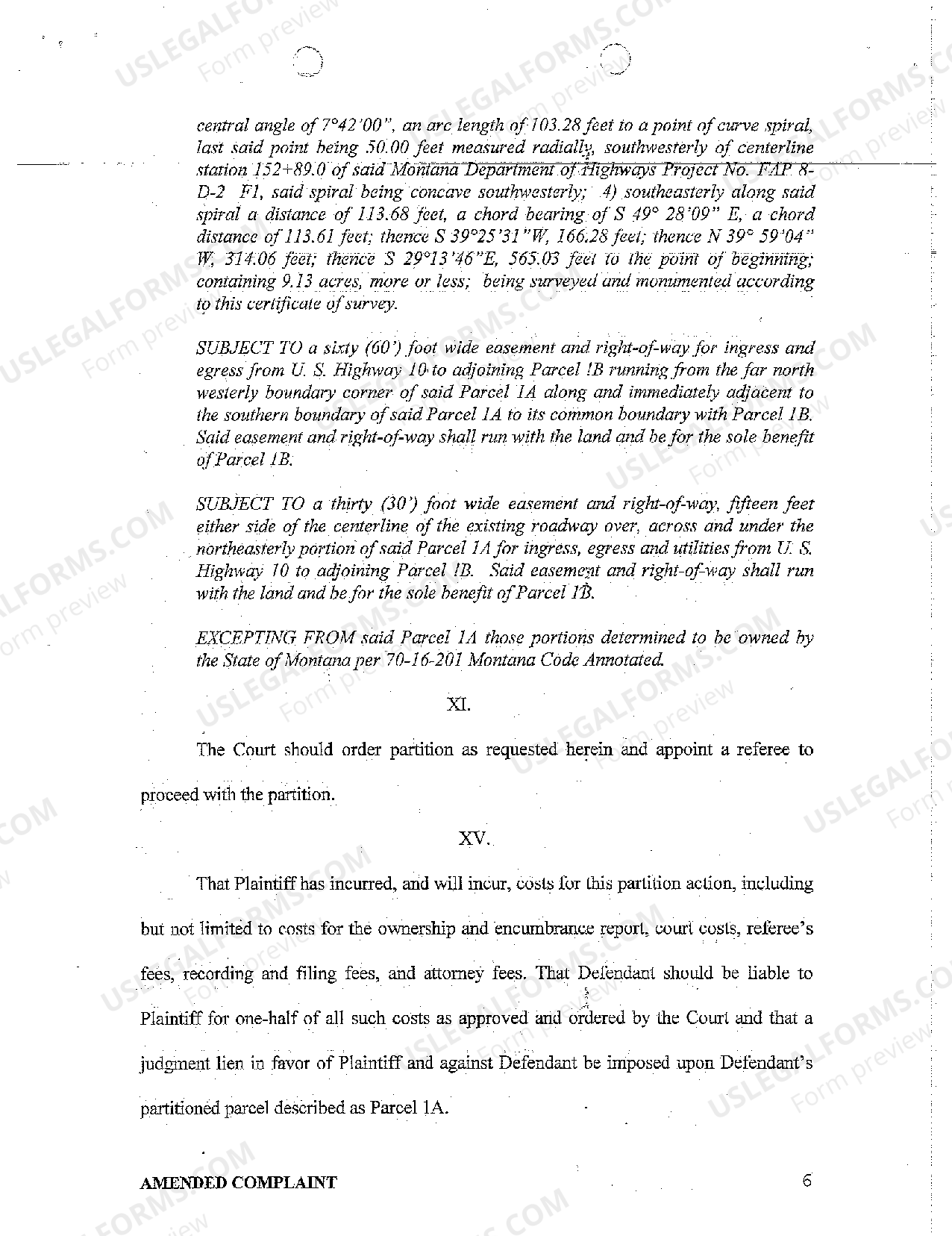 Montana Amended Complaint for Partition of Property | US Legal Forms