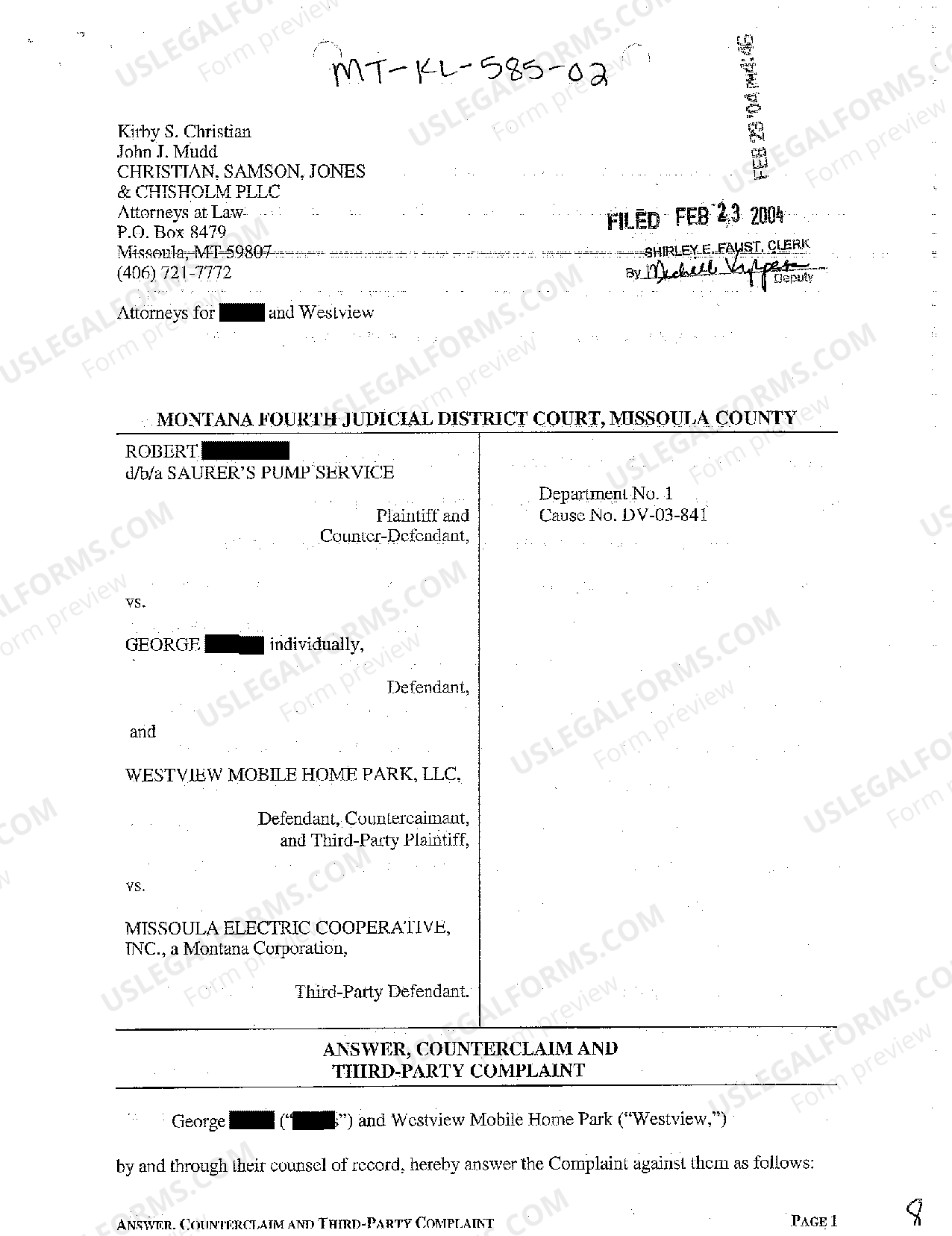 Montana Answer, Counterclaim and Third Party Complaint | US Legal Forms