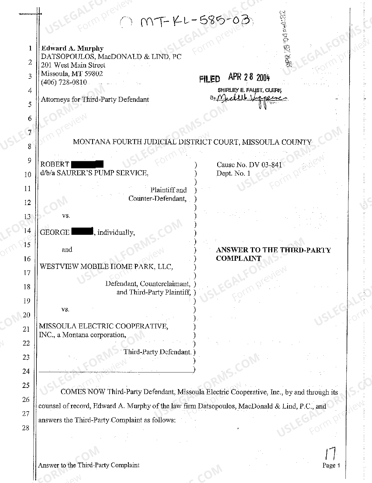 Montana Answer to the Third Party Complaint | US Legal Forms