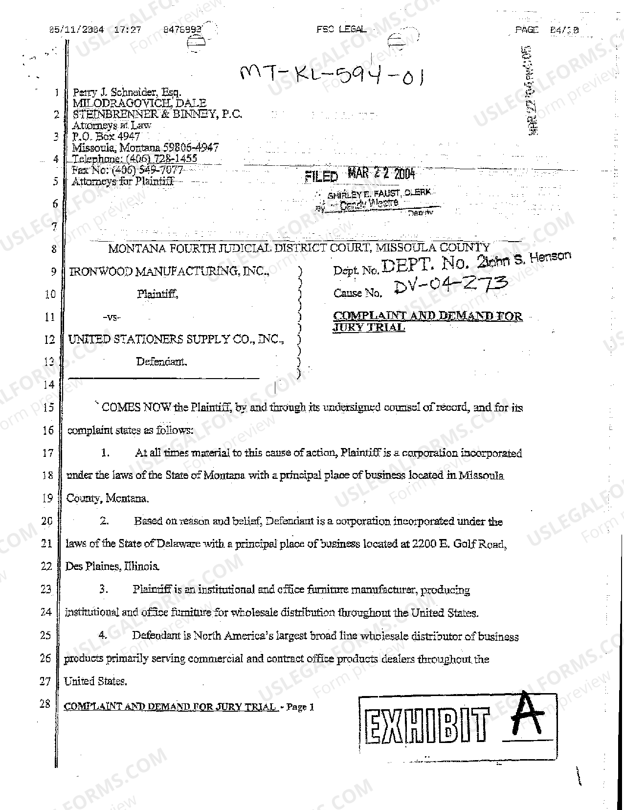 Montana Complaint and Demand for Jury Trial | US Legal Forms