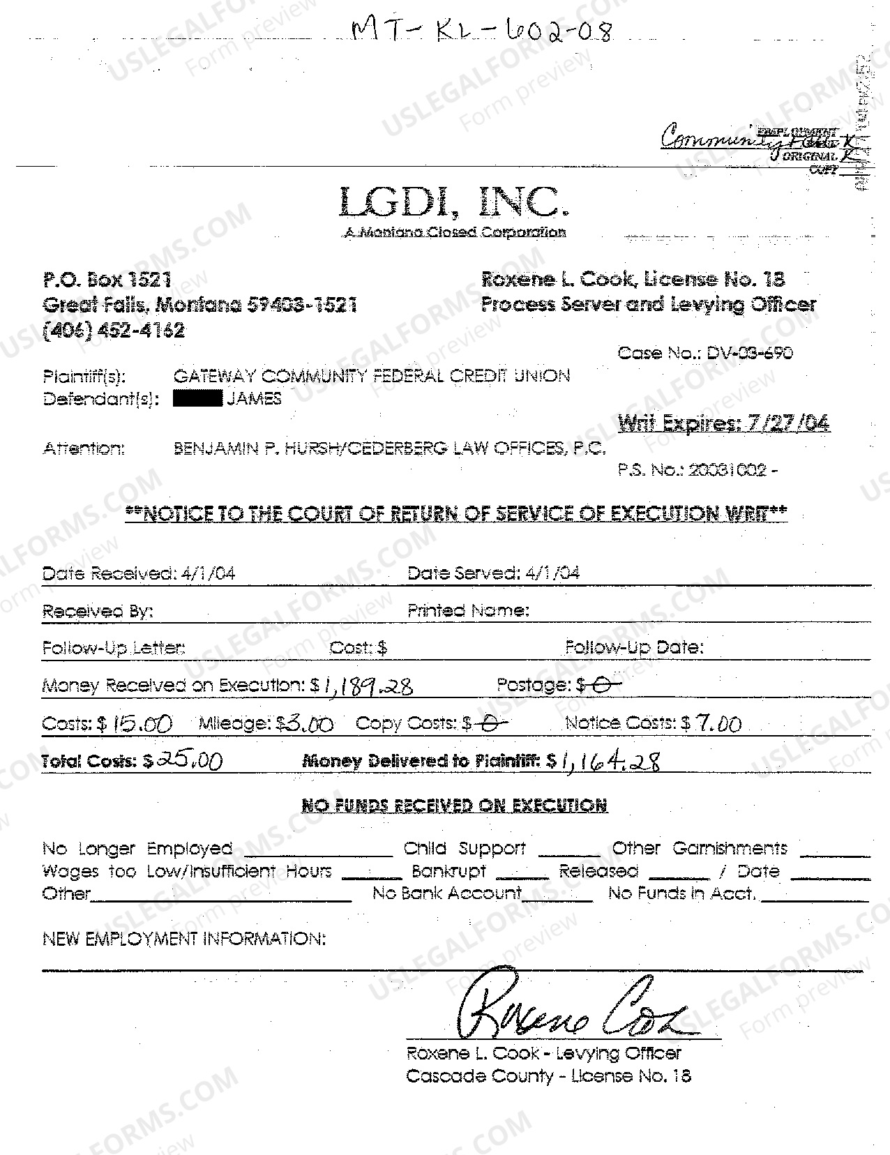 Montana Notice to the Court of Return of Service of Execution Writ | US ...