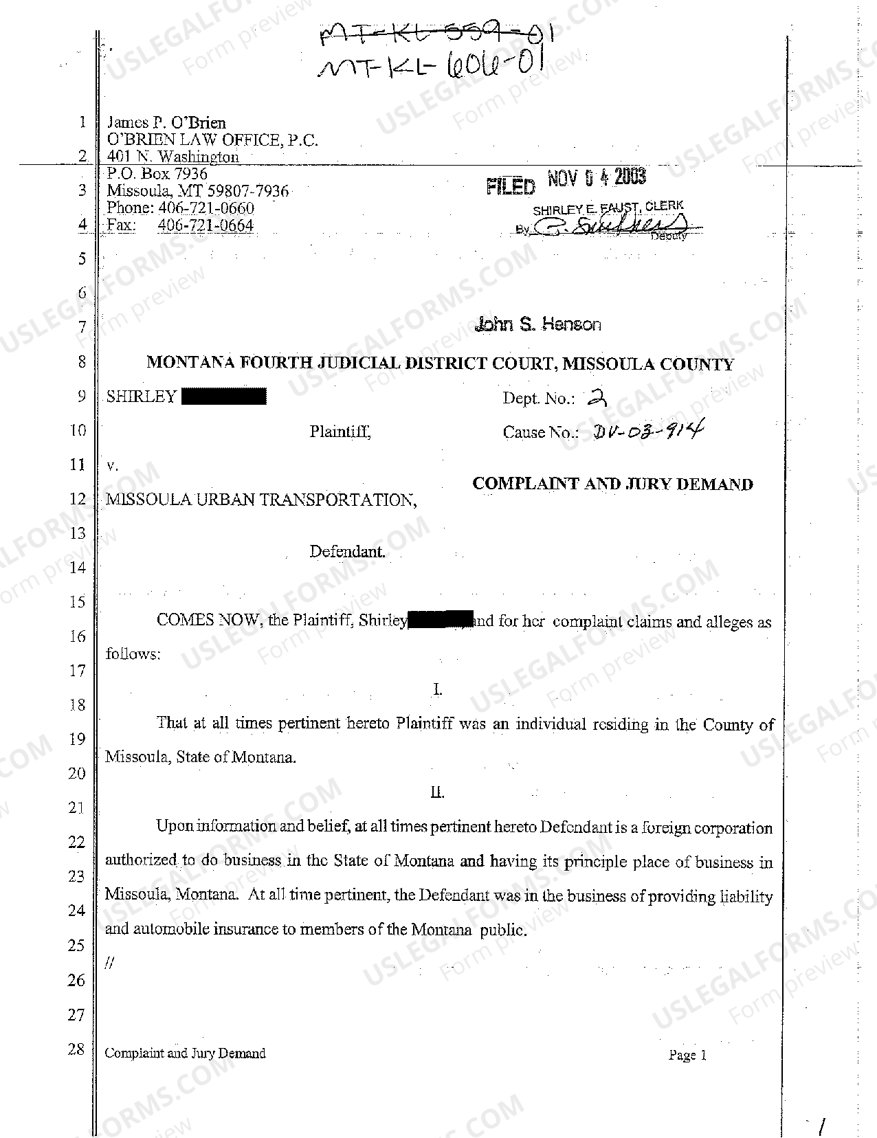 Montana Complaint and Jury Demand for Auto Accident | US Legal Forms