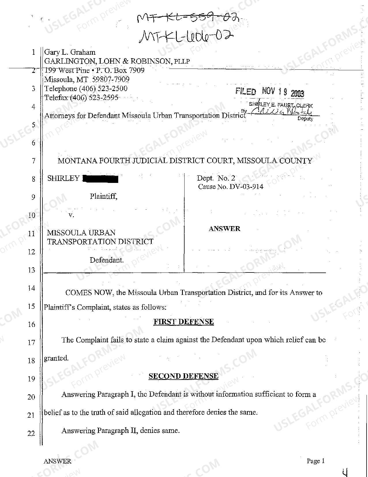Montana Answer to Complaint for Auto Accident | US Legal Forms