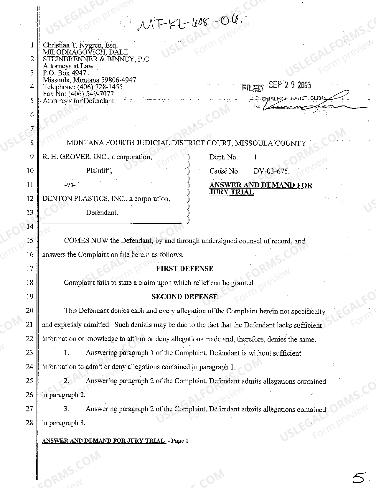 Montana Answer and Demand for Jury Trial | US Legal Forms