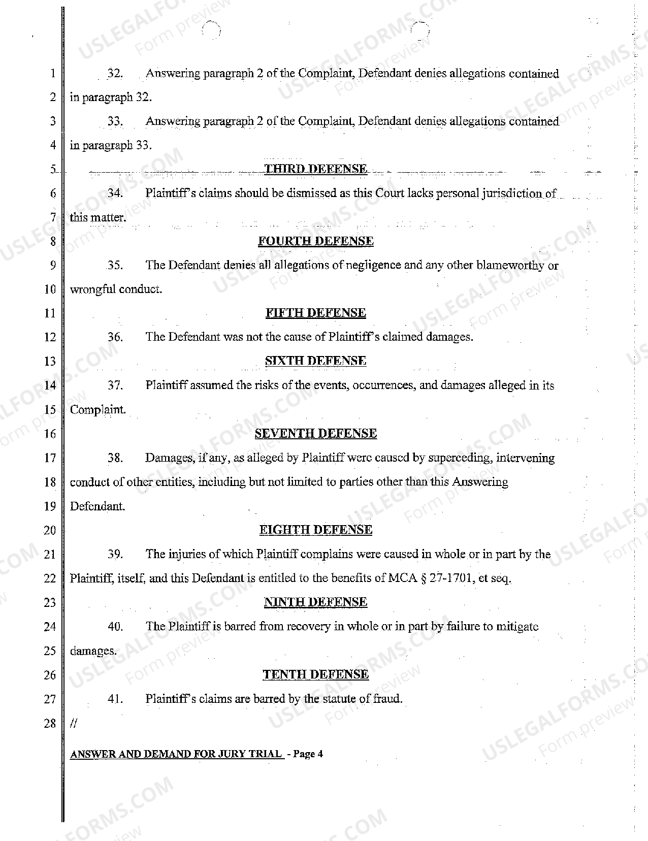 Montana Answer and Demand for Jury Trial | US Legal Forms