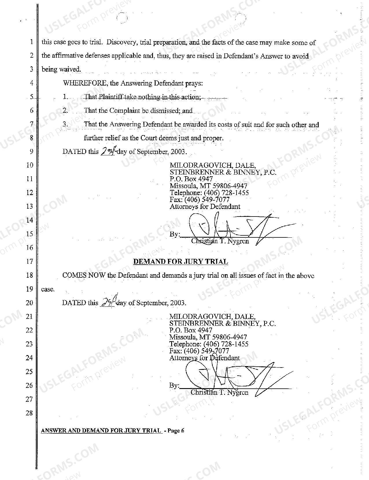 Montana Answer and Demand for Jury Trial | US Legal Forms