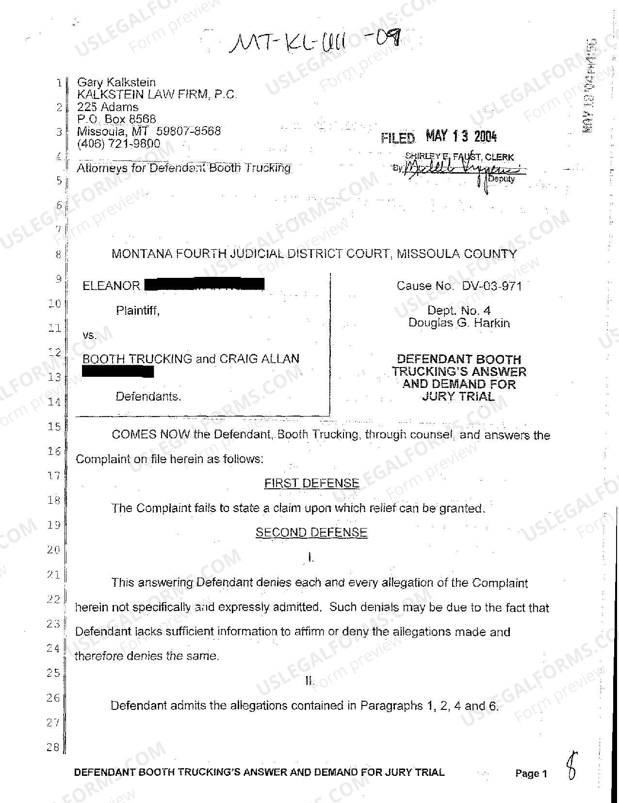 Montana Defendant's Answer and Demand for Jury Trial | US Legal Forms