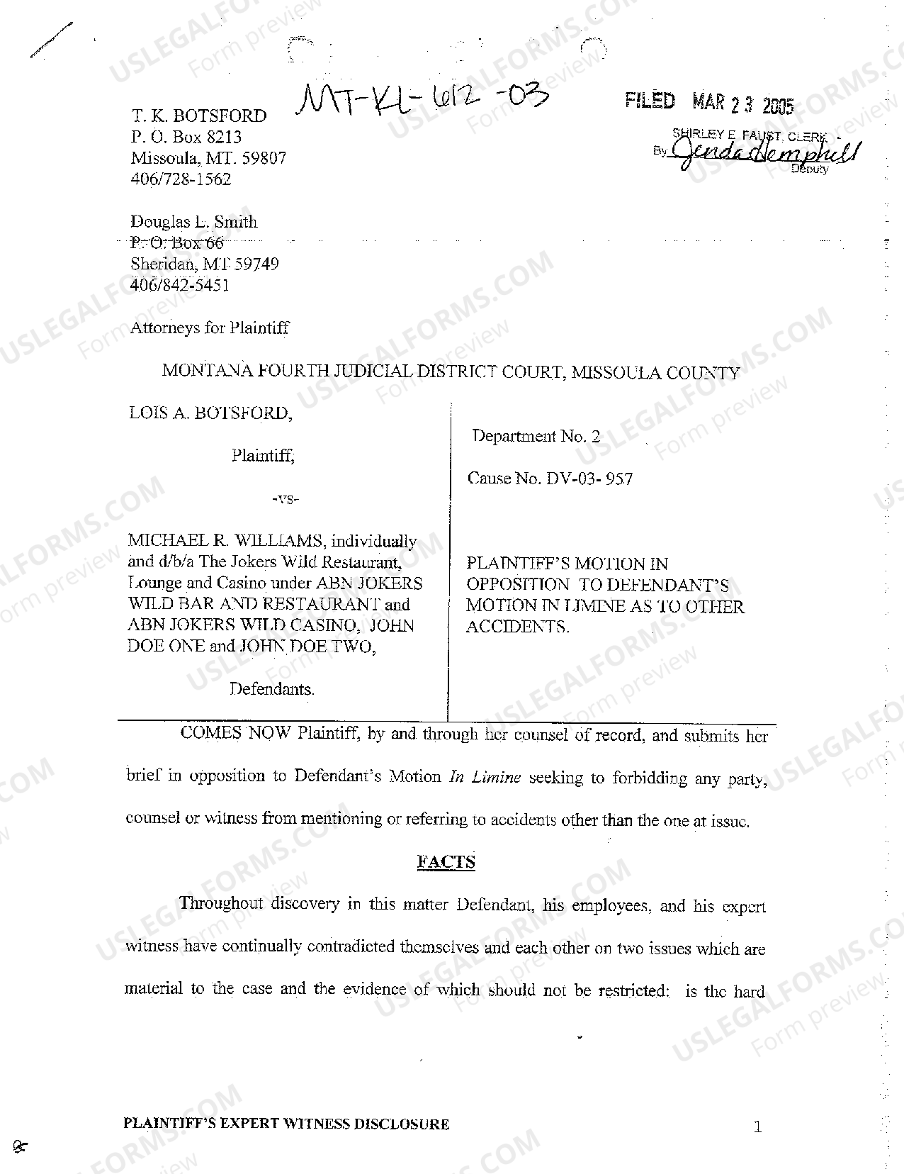 Montana Plaintiff's Motion in Opposition to Defendant's Motion in ...