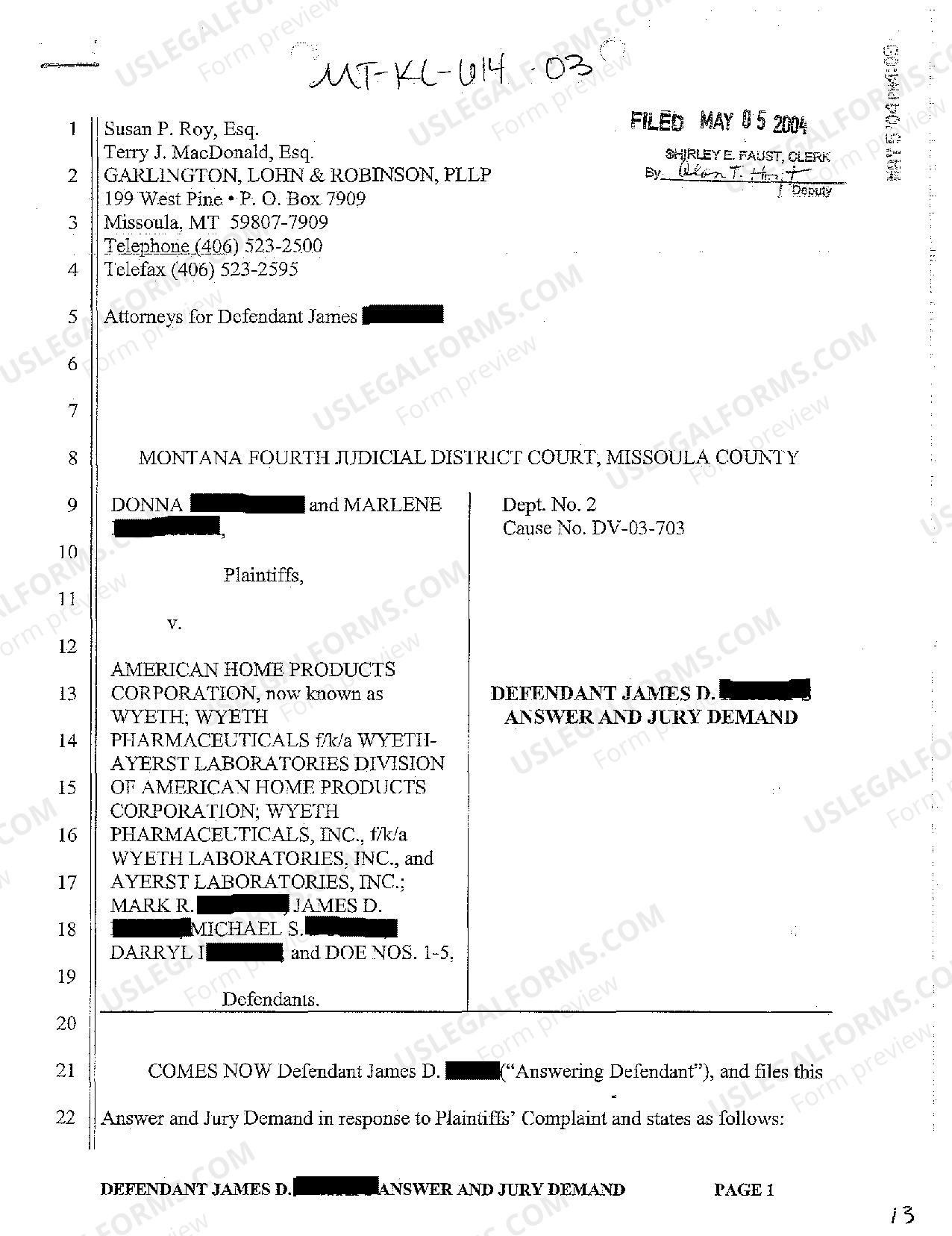 Montana Defendant's Answer and Jury Demand | US Legal Forms