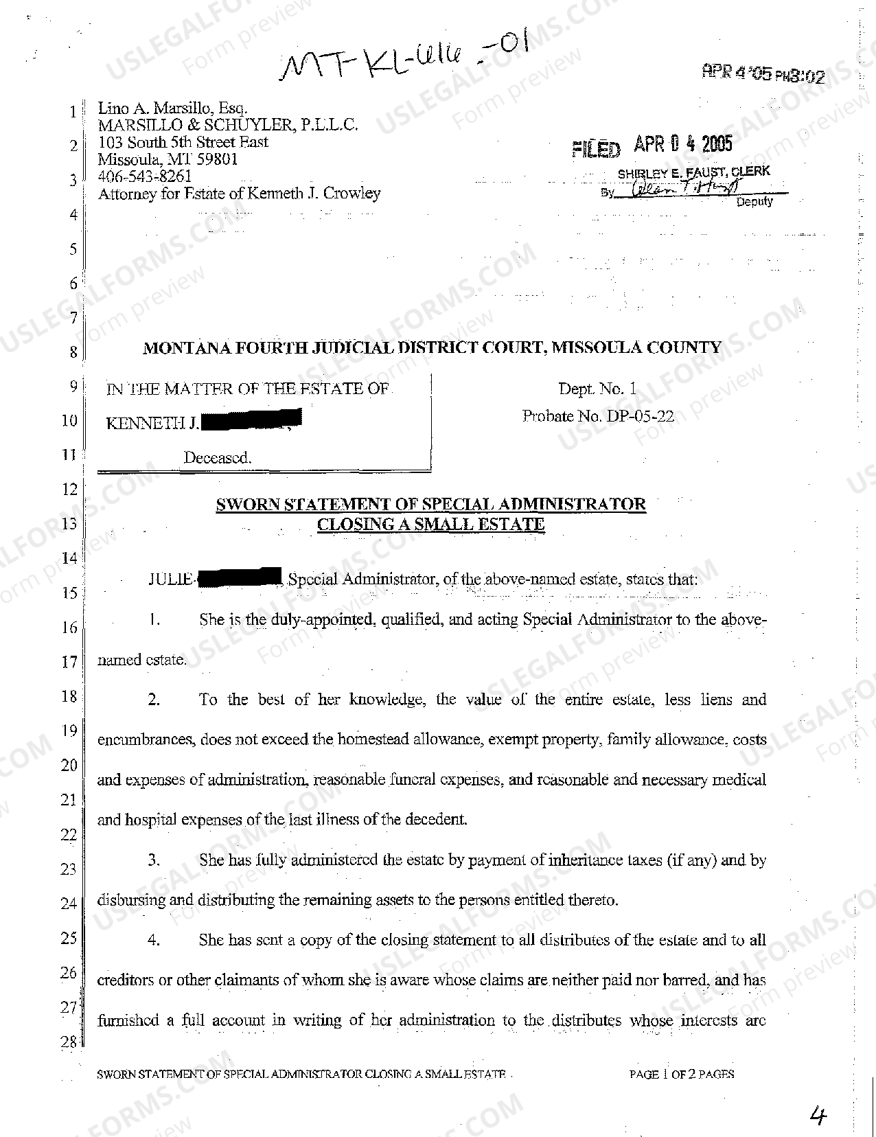 Montana Sworn Statement of Special Administrator Closing a Small Estate ...