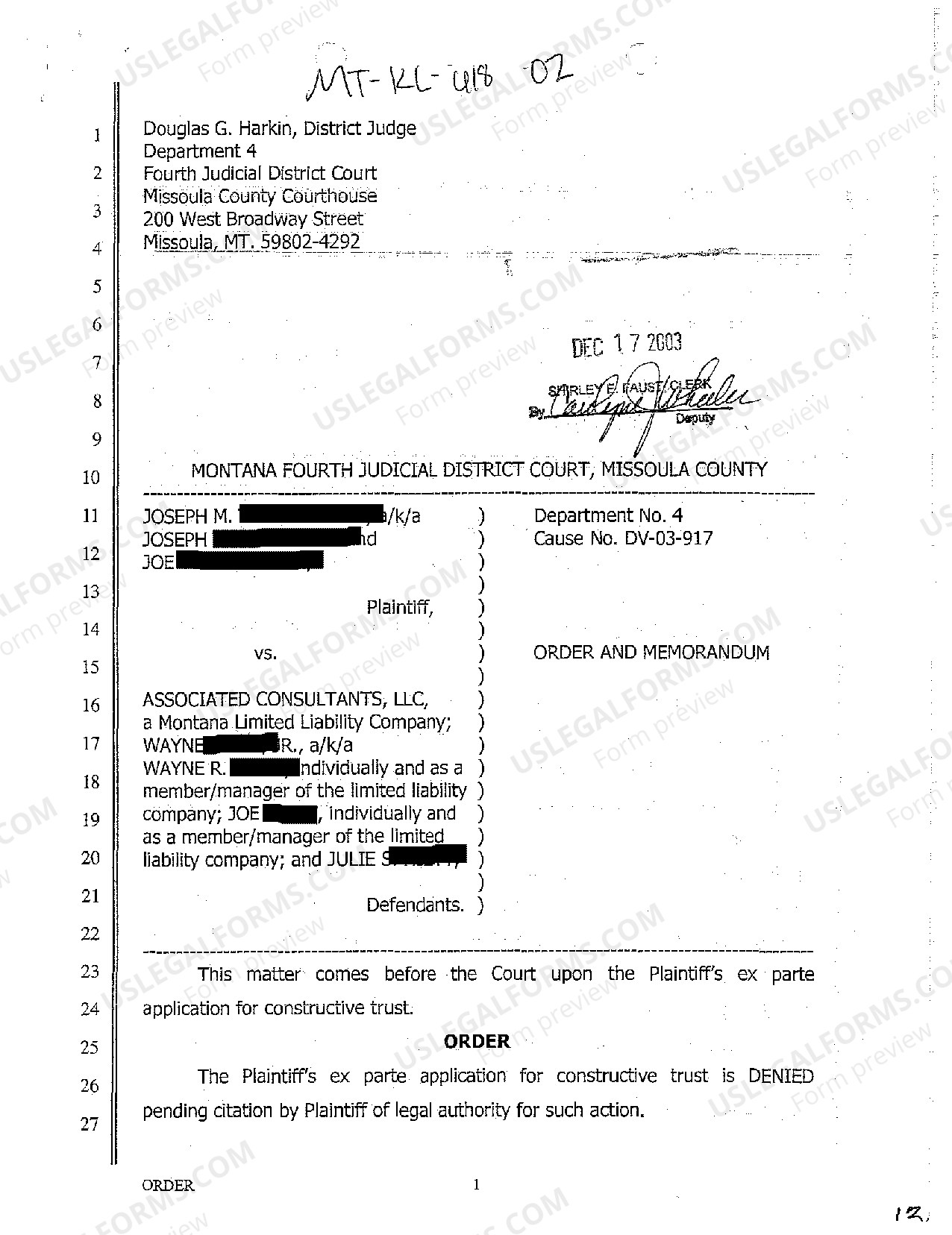 Montana Order and Memorandum | US Legal Forms