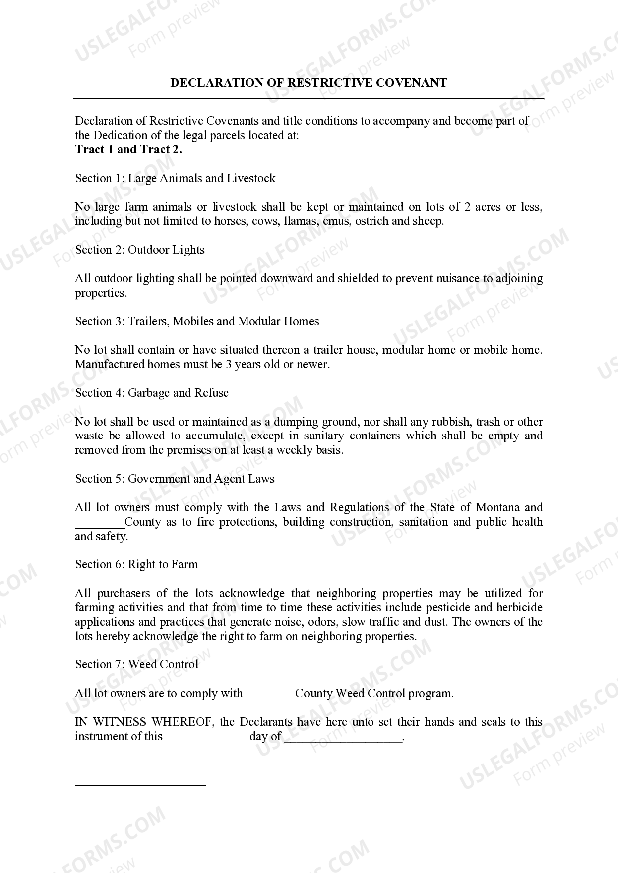 Montana Declaration of Restrictive Covenant | US Legal Forms