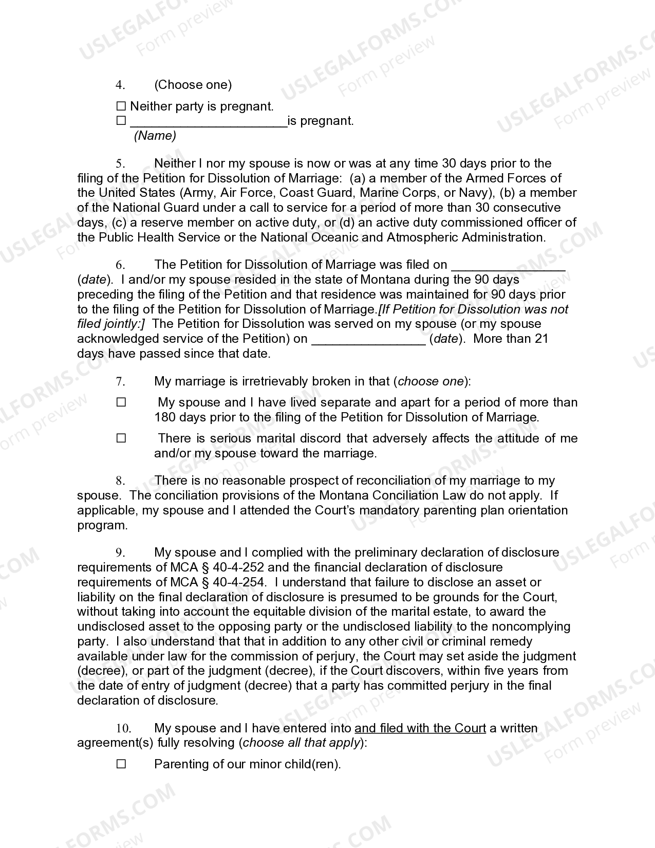 Montana Affidavit for Entry of Decree for Dissolution of Marriage ...