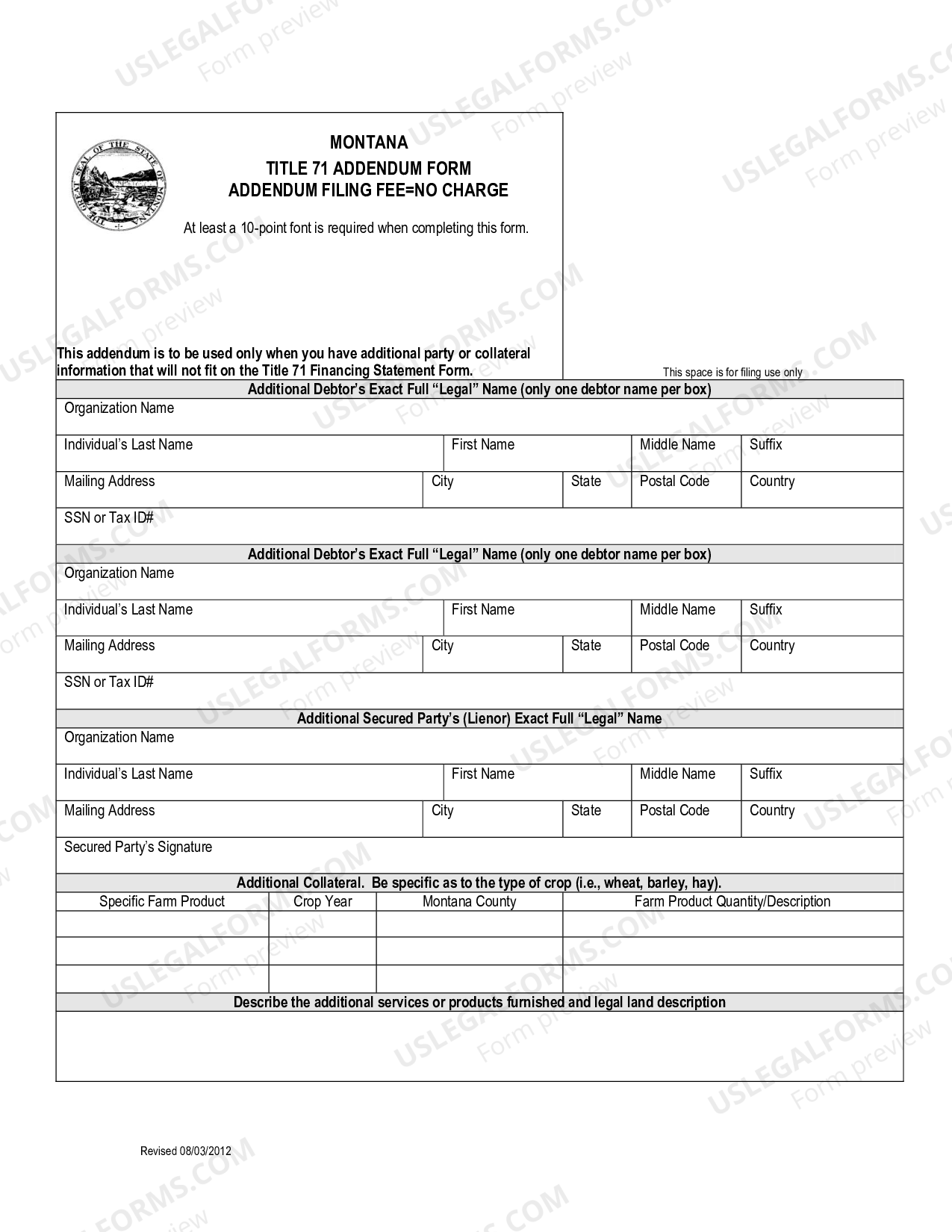Montana UCC Agricultural Lien Form Addendum | US Legal Forms