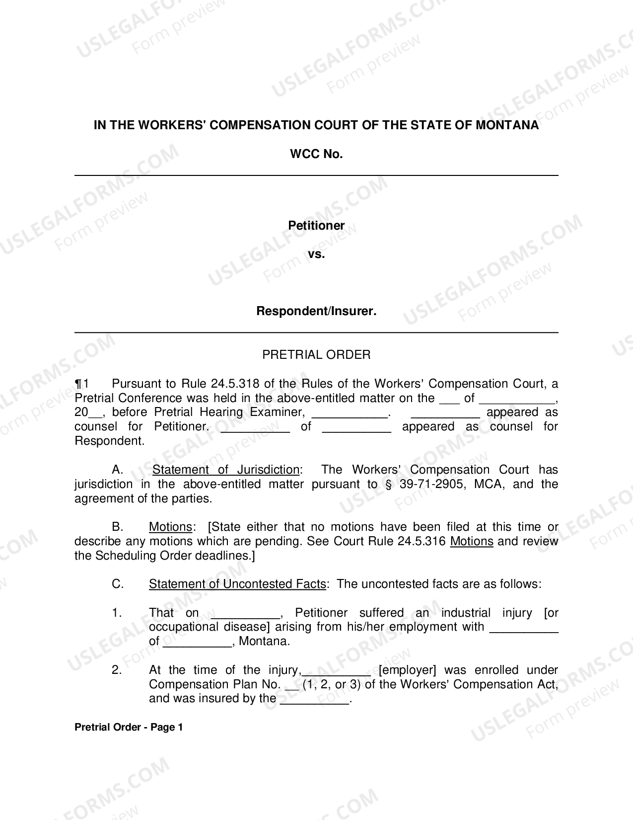 Montana Sample Pretrial Order - Pretrial Order Sample | US Legal Forms
