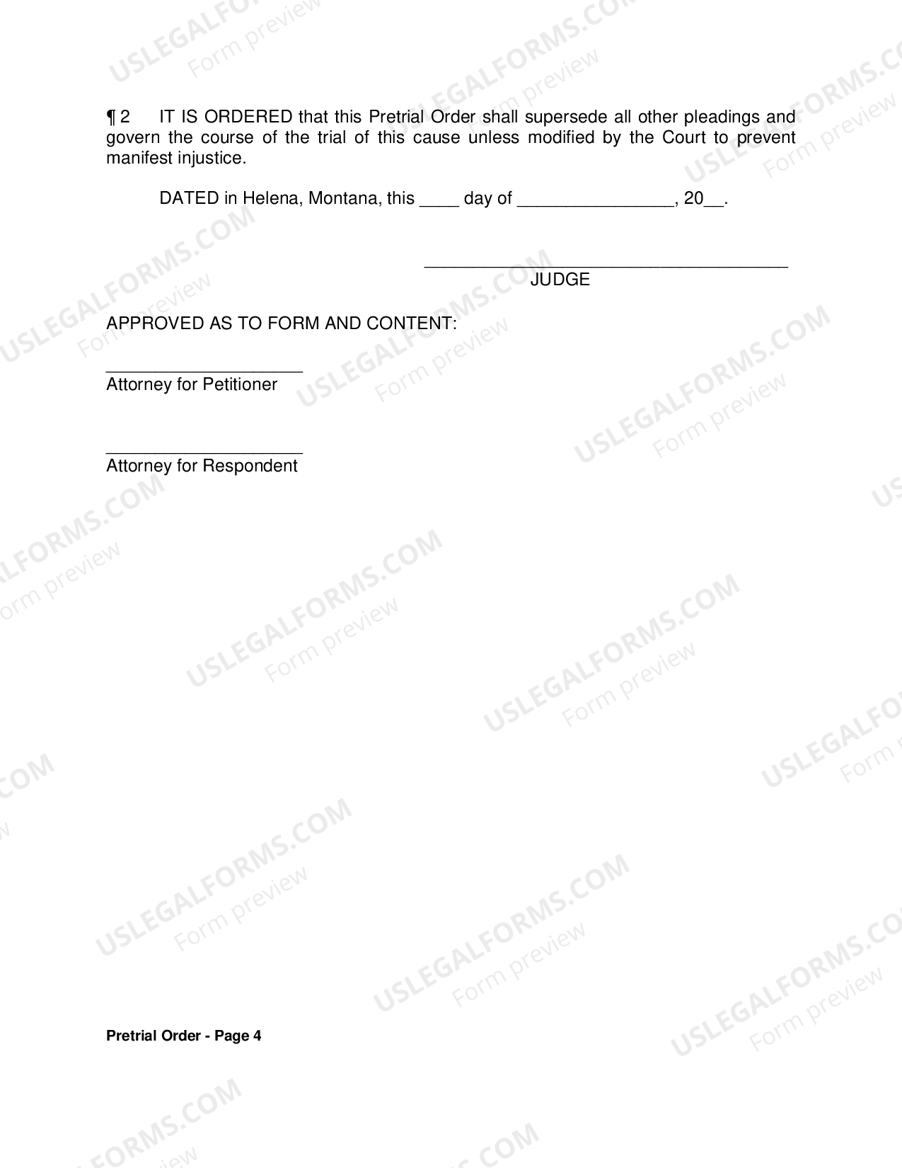 Montana Sample Pretrial Order - Pretrial Order Sample | US Legal Forms