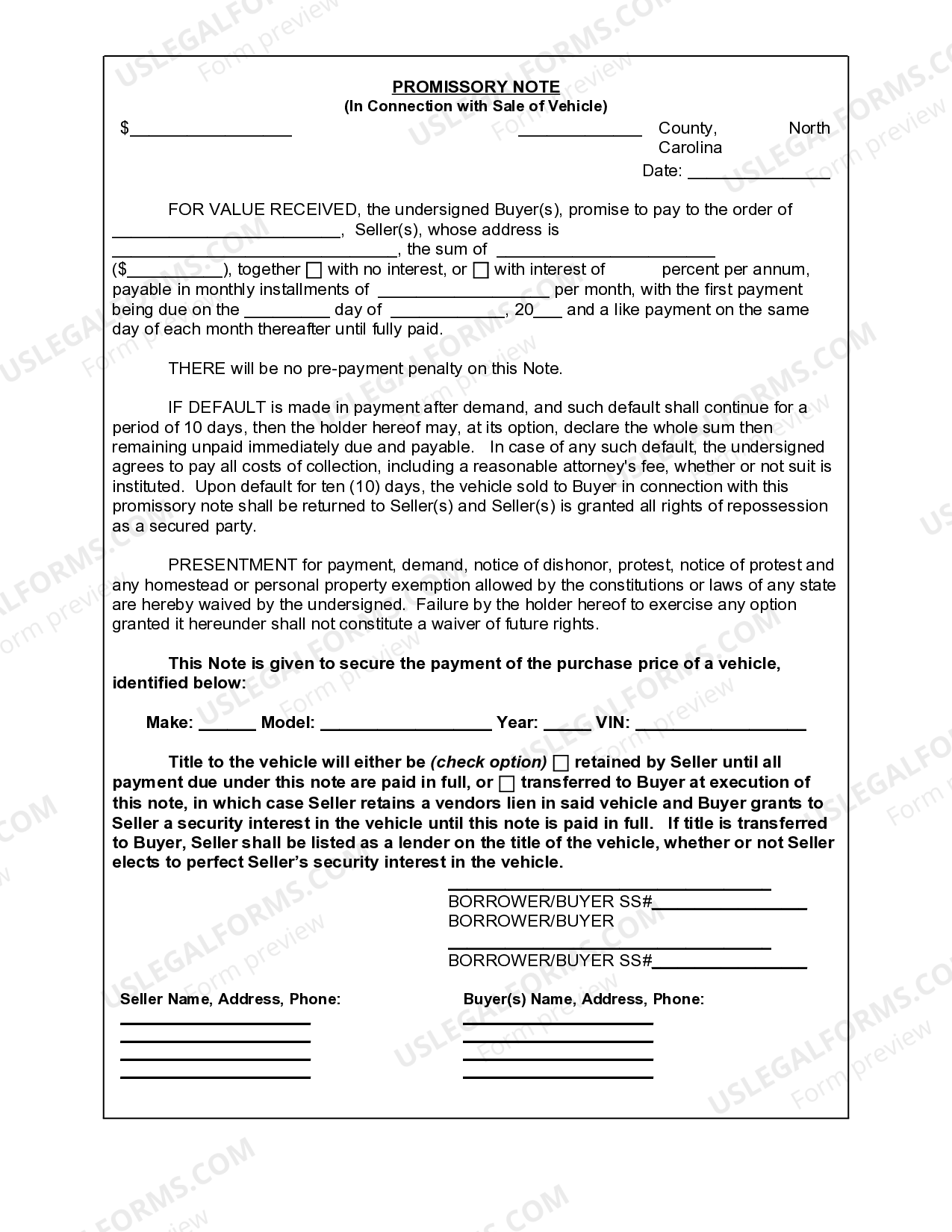 North Carolina Promissory Note in Connection with Sale of Vehicle or ...