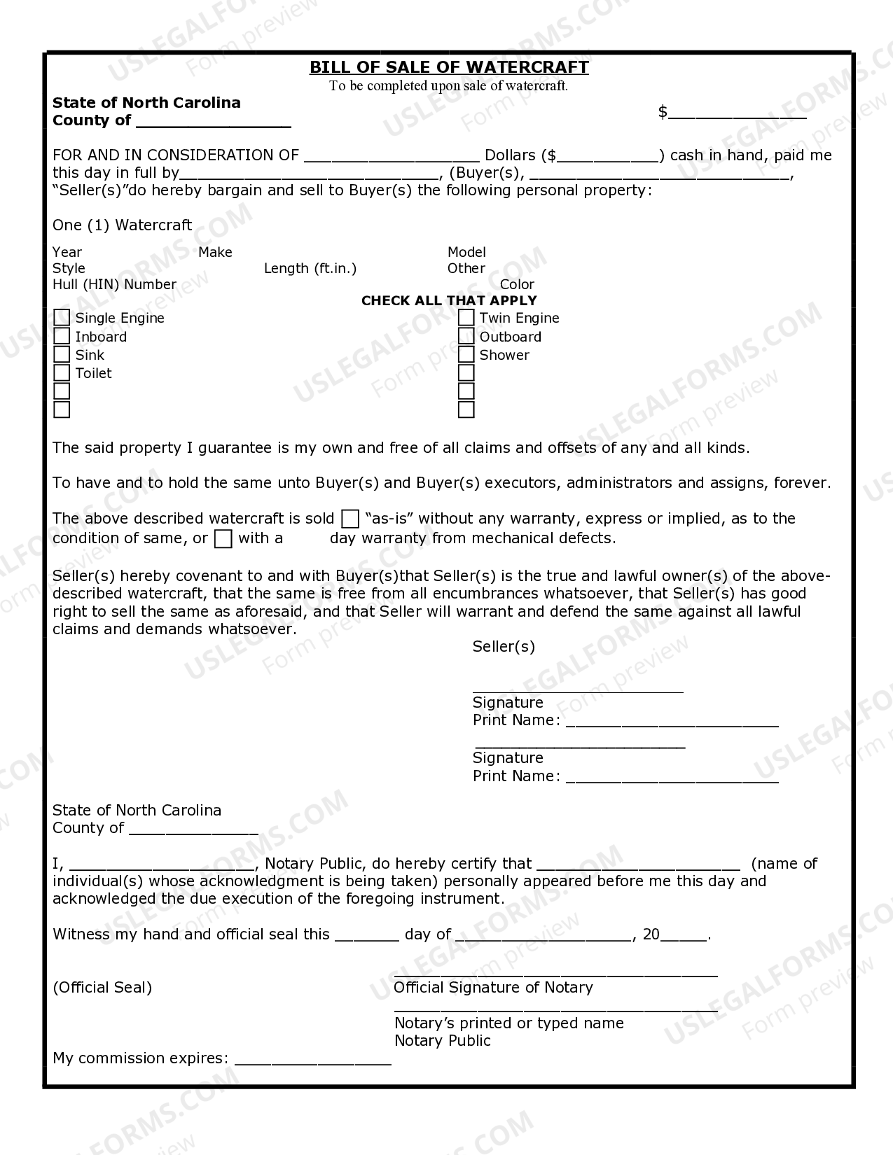 North Carolina Bill of Sale for WaterCraft or Boat - Bill Sale Boat ...