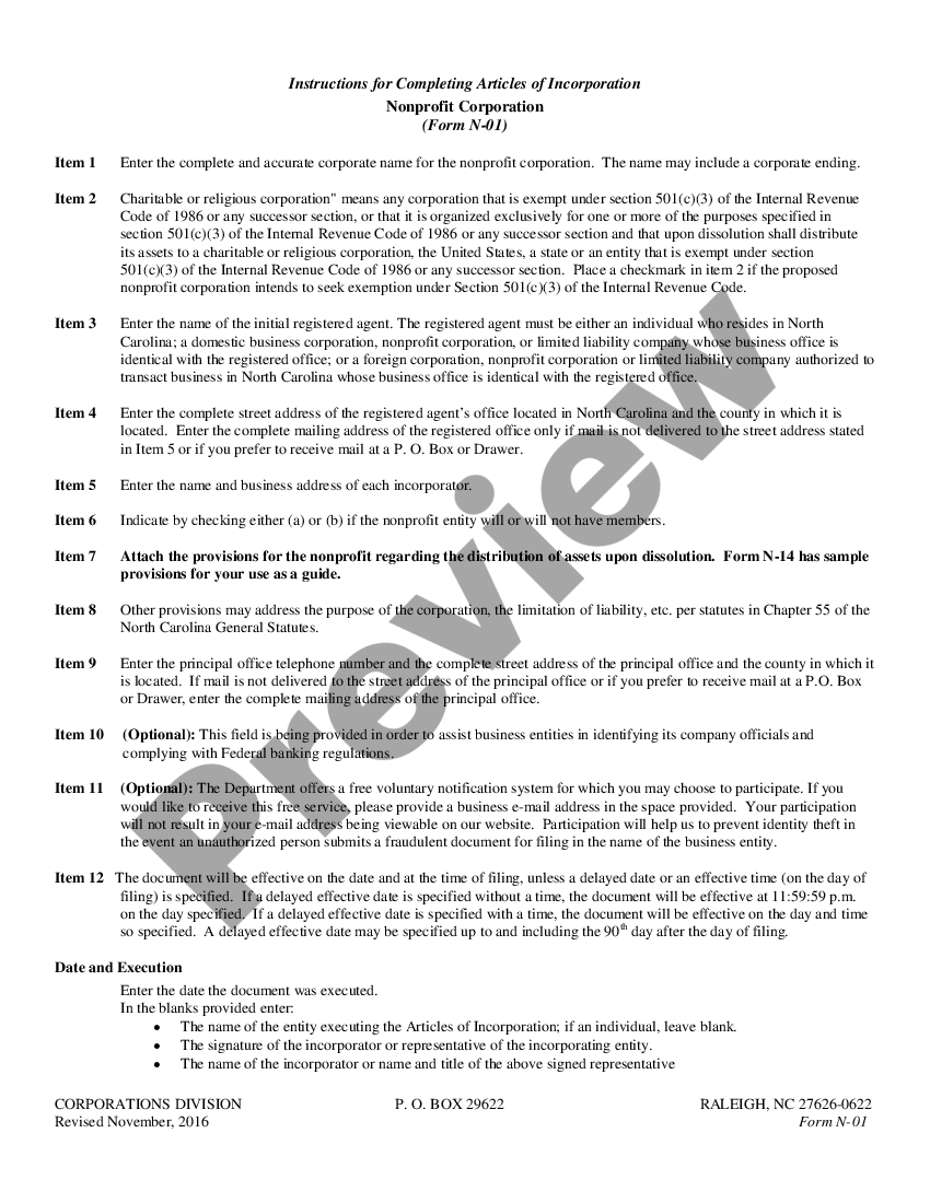 North Carolina Articles Of Incorporation For Domestic Nonprofit