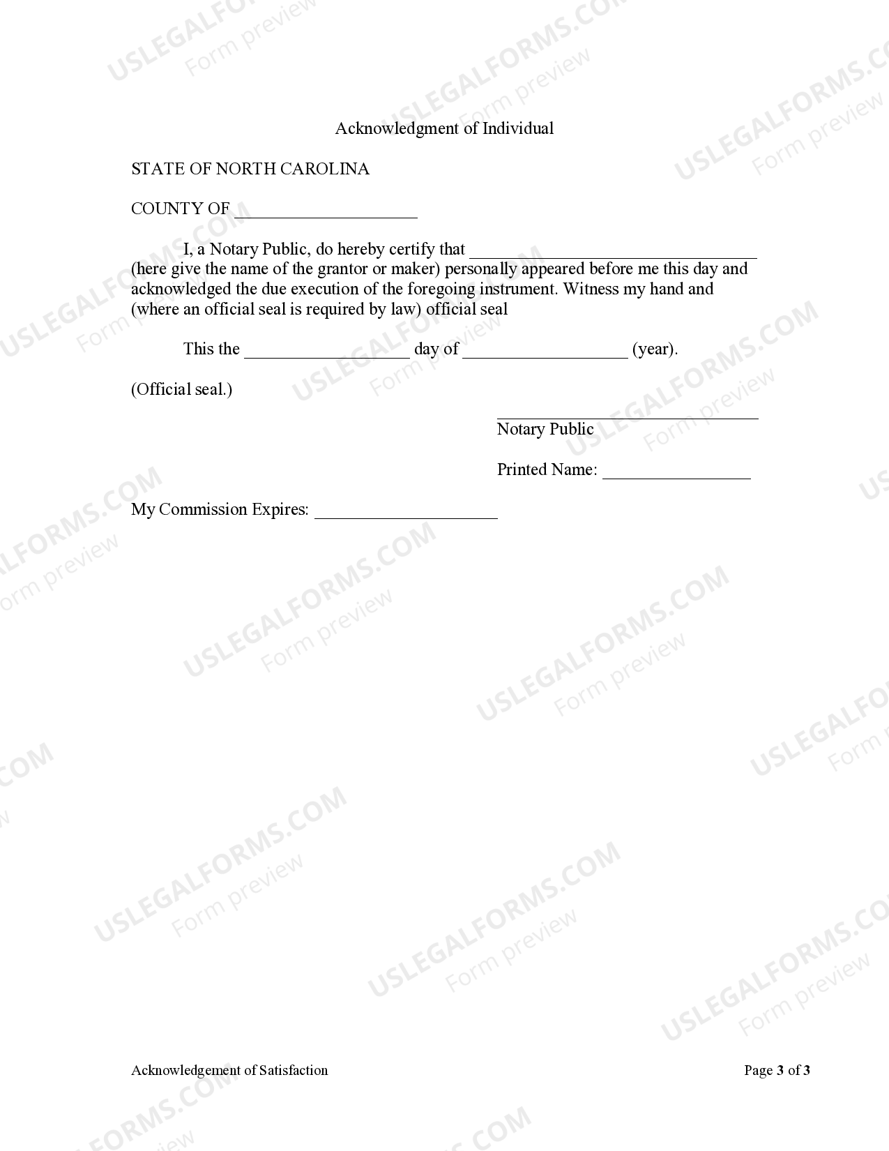 North Carolina Acknowledgment of Satisfaction for Individual | US Legal ...