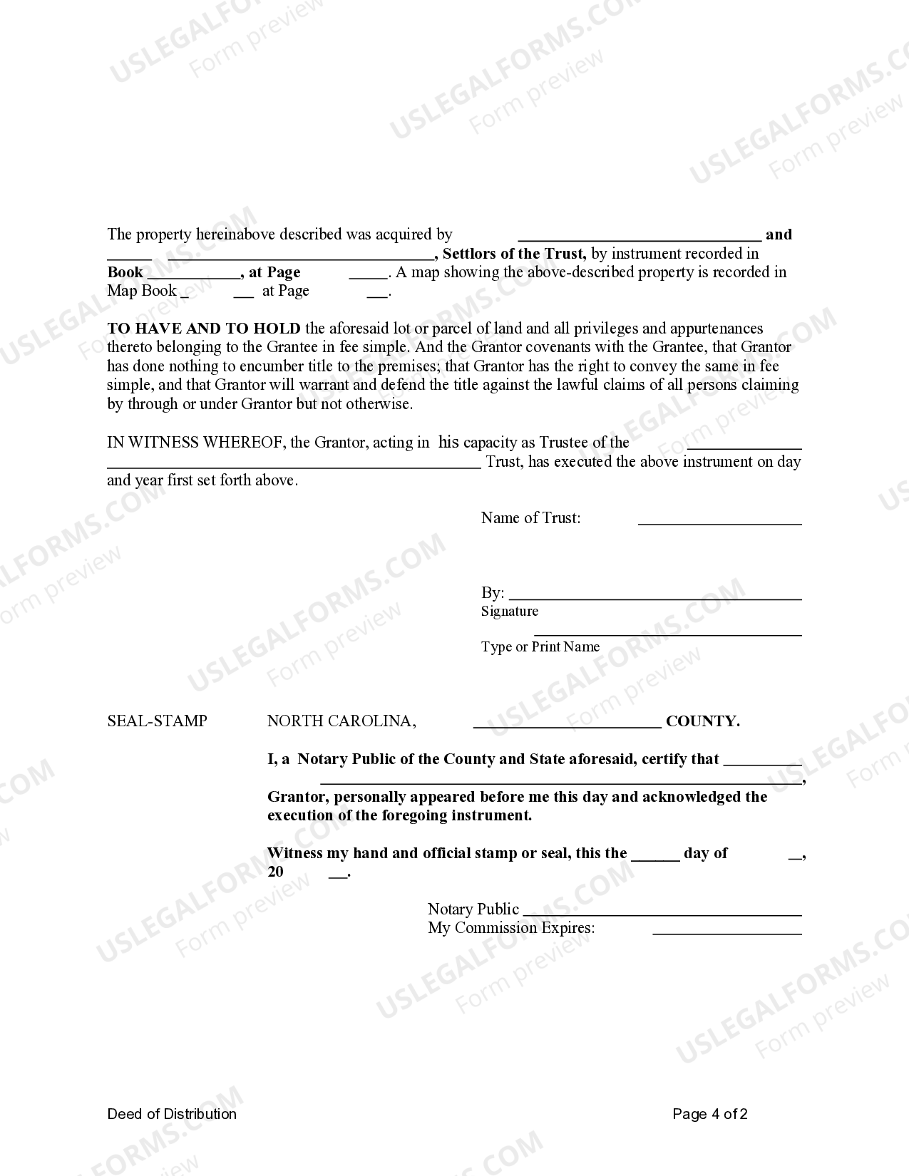 North Carolina Deed of Distribution - Trust to an Individual - Nc Deed ...
