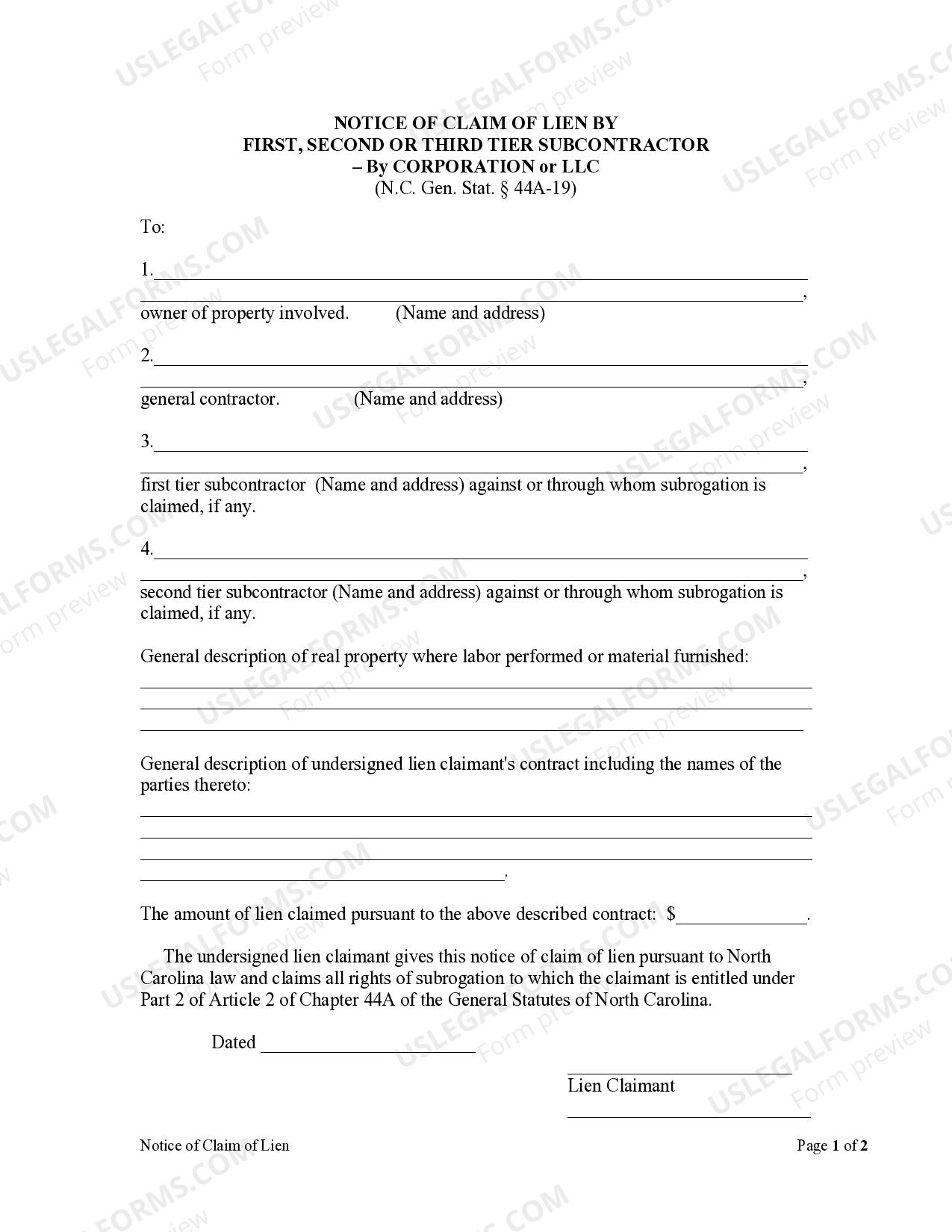 North Carolina Notice of Claim - Subcontractor 1,2,or 3rd tier ...