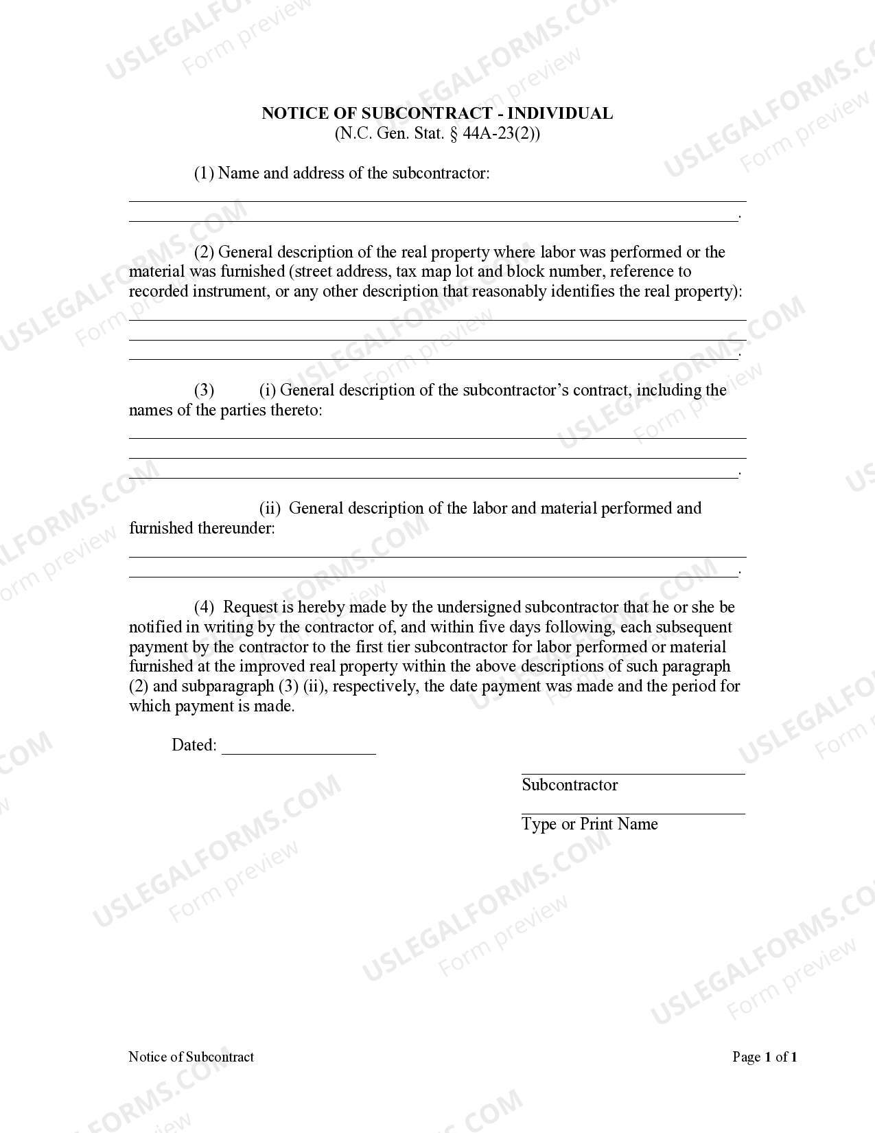 North Carolina Notice of Subcontract - Individual - North Carolina ...
