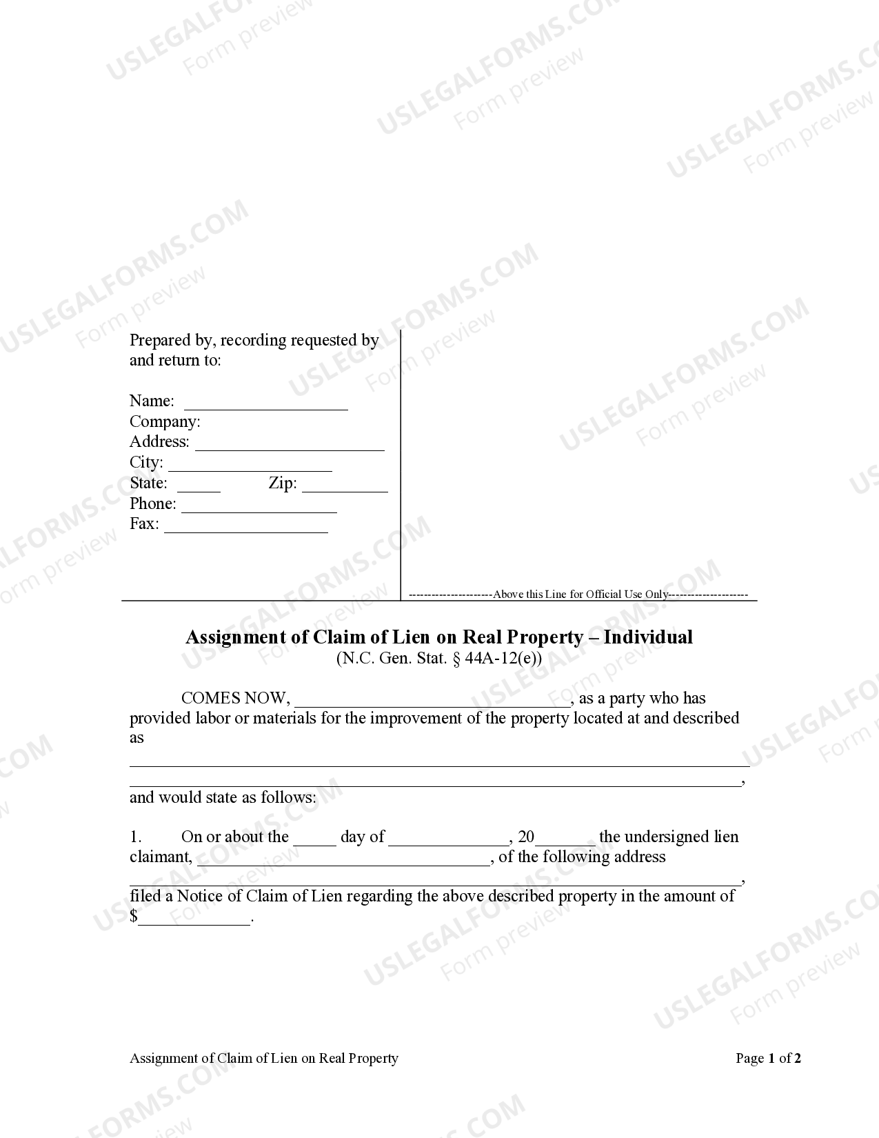 Wilmington North Carolina Assignment of Claim of Lien on Real Property ...
