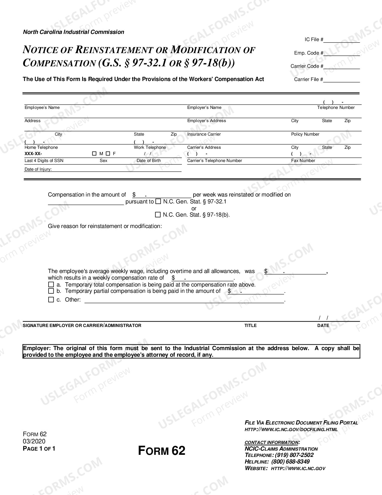 North Carolina Notice of Reinstatement or Modification for Workers ...