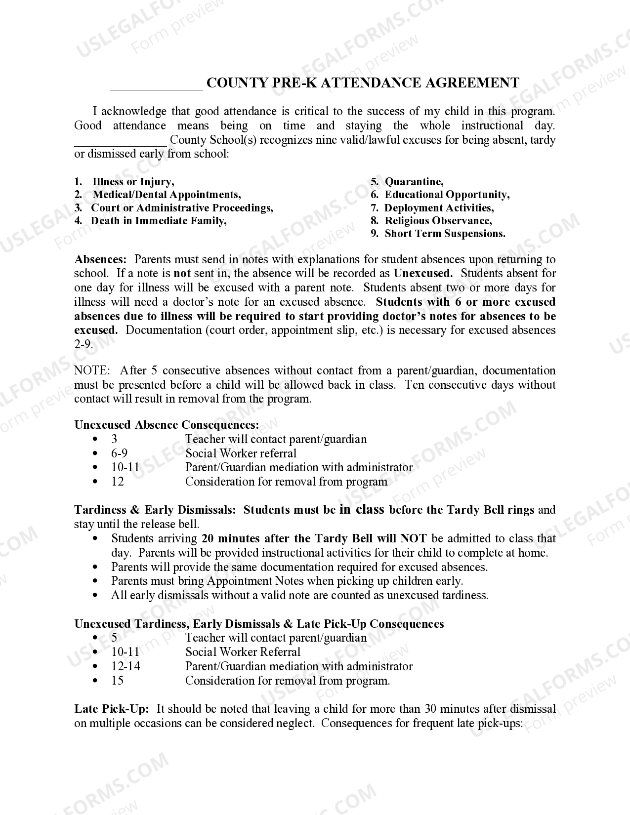 North Carolina - Attendance Agreement for Pre-K Facilities | US Legal Forms