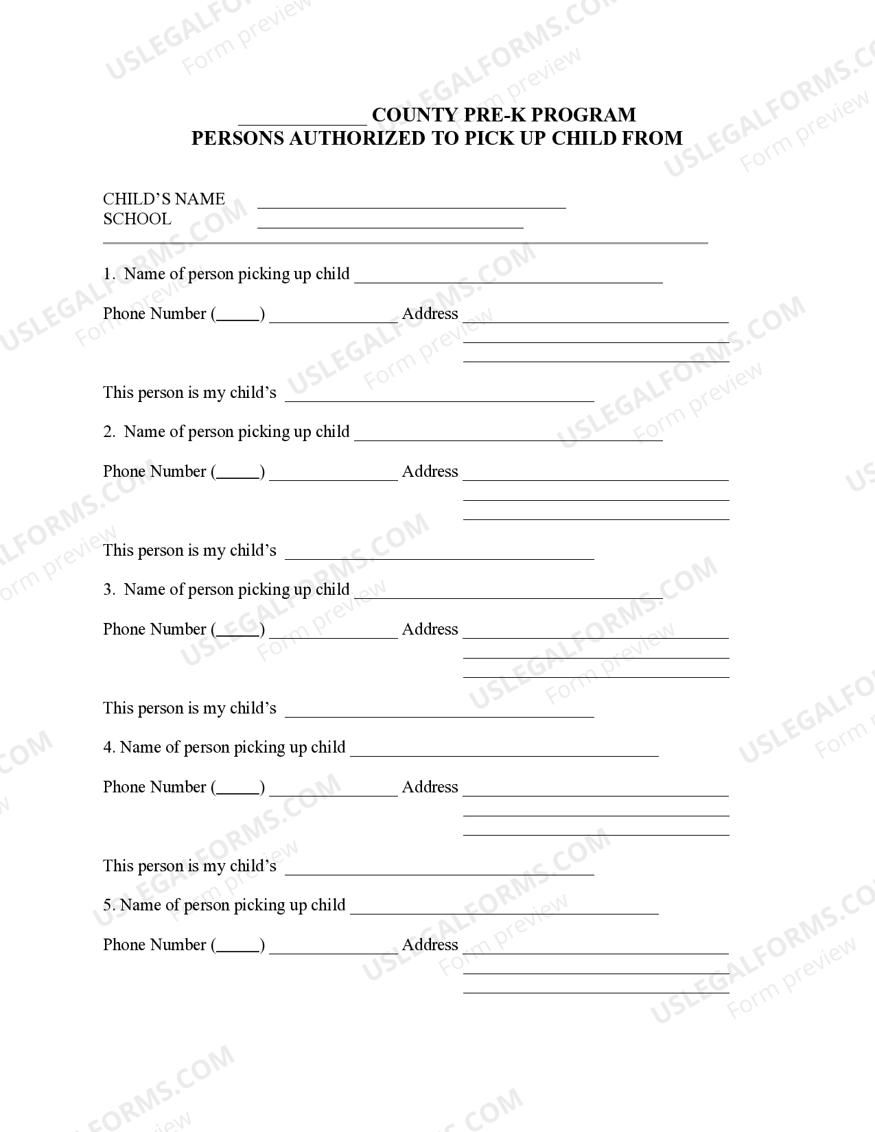 North Carolina - Pre-K List of Authorized Person(s) to Pick Up Minor ...