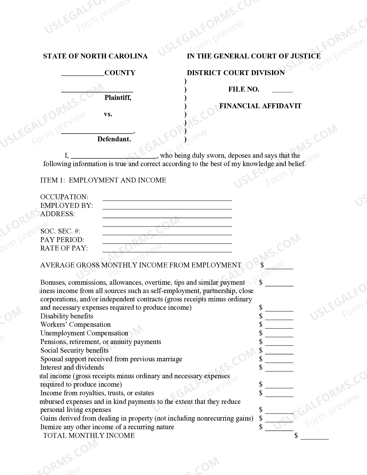 North Carolina Financial Affidavit Form For Divorce | US Legal Forms