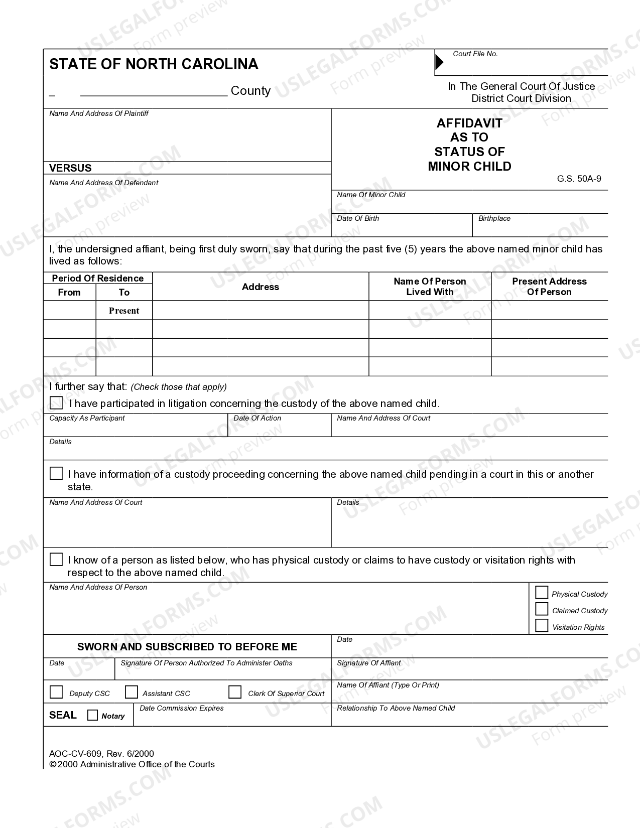 North Carolina Affidavit as to Status of Minor Child - Affidavit As To ...