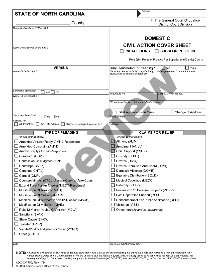 North Carolina Domestic Civil Action Cover Sheet Aoc Cv 750 Us