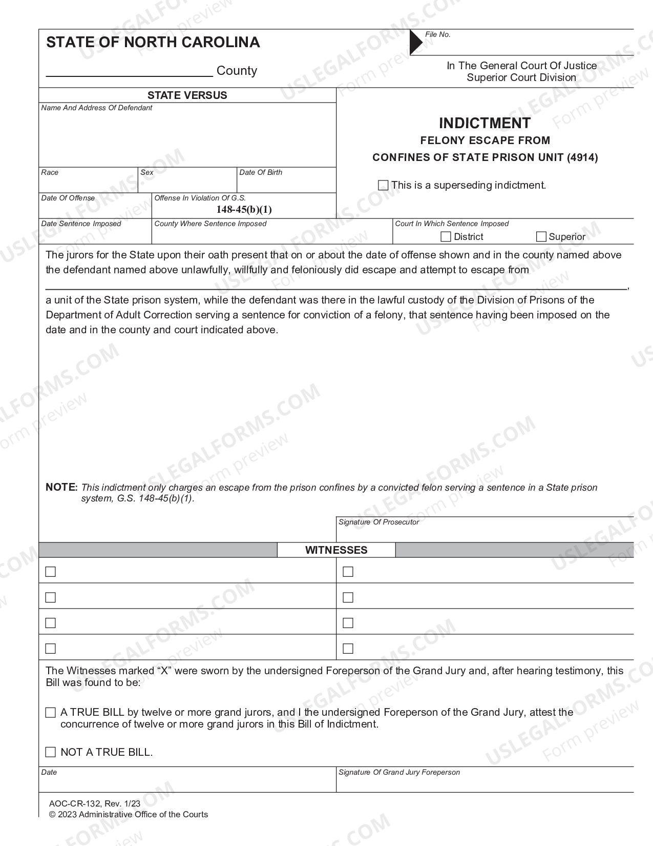 North Carolina Indictment Felony Escape From Confines of State Prison ...