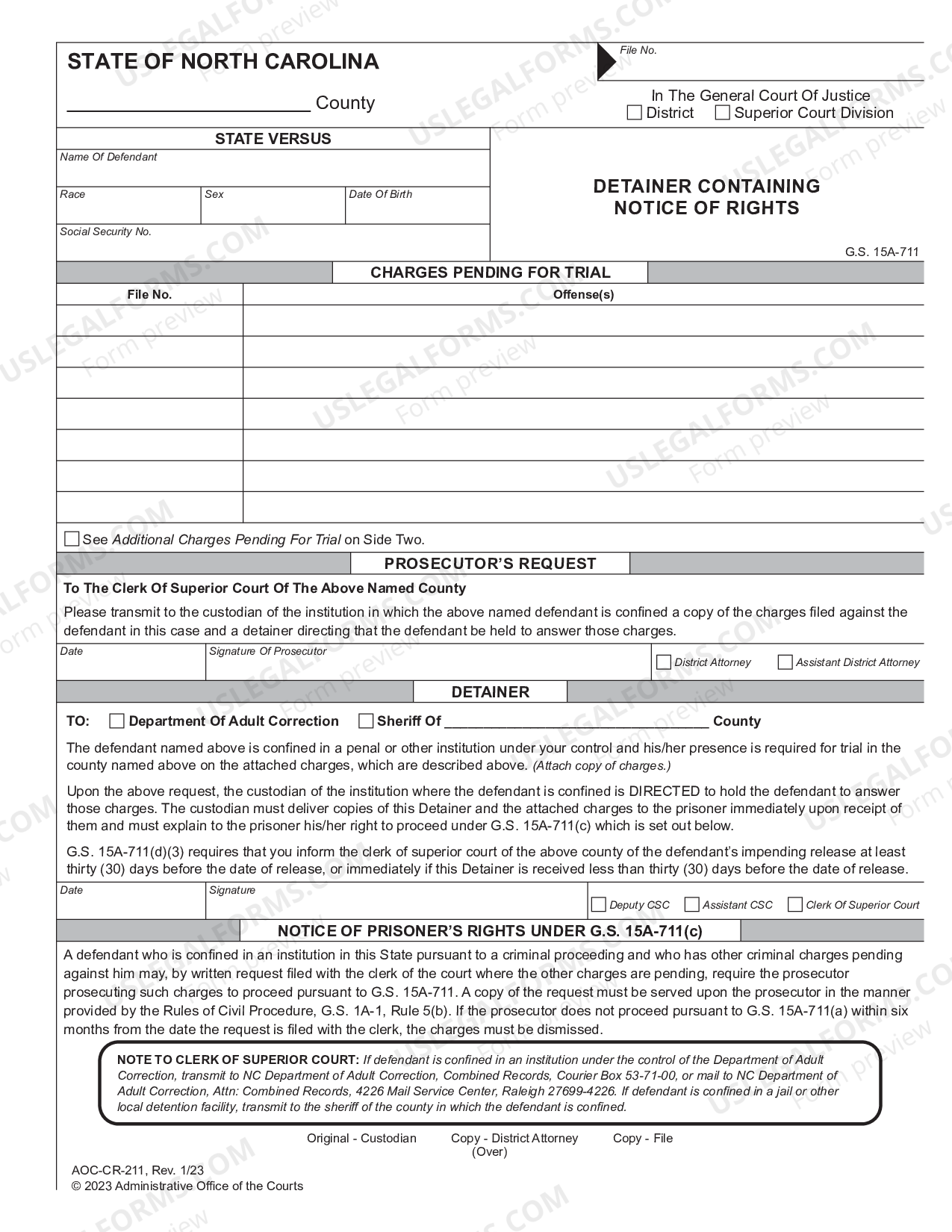 North Carolina Detainer Containing Notice of Rights | US Legal Forms