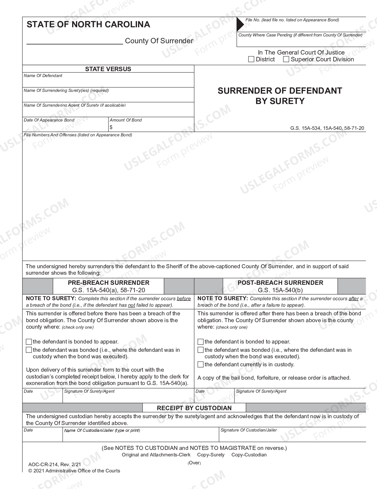 North Carolina Surrender of Defendant by Surety - Surrender By Surety ...