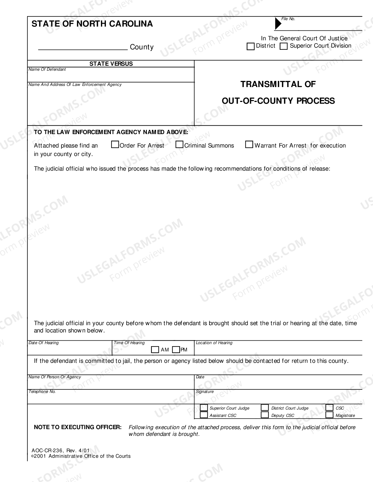 North Carolina Transmittal of Out of County Process | US Legal Forms