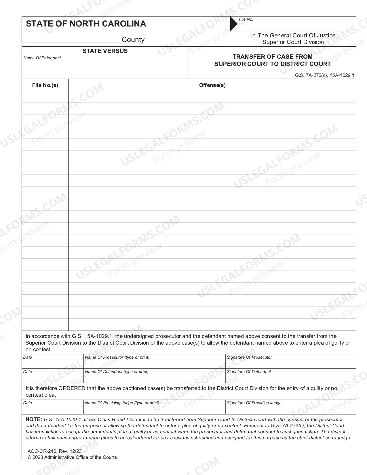 North Carolina Transfer of Case from Superior Court to District Court ...