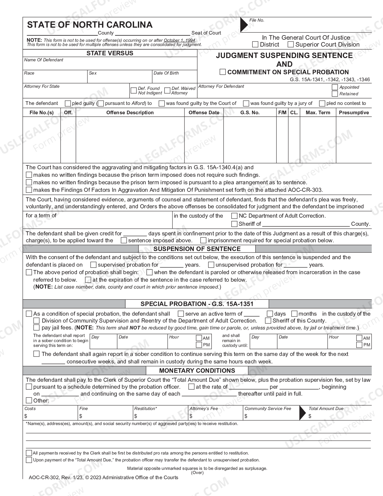 North Carolina Judgment Suspending Sentence and Commitment on Special ...