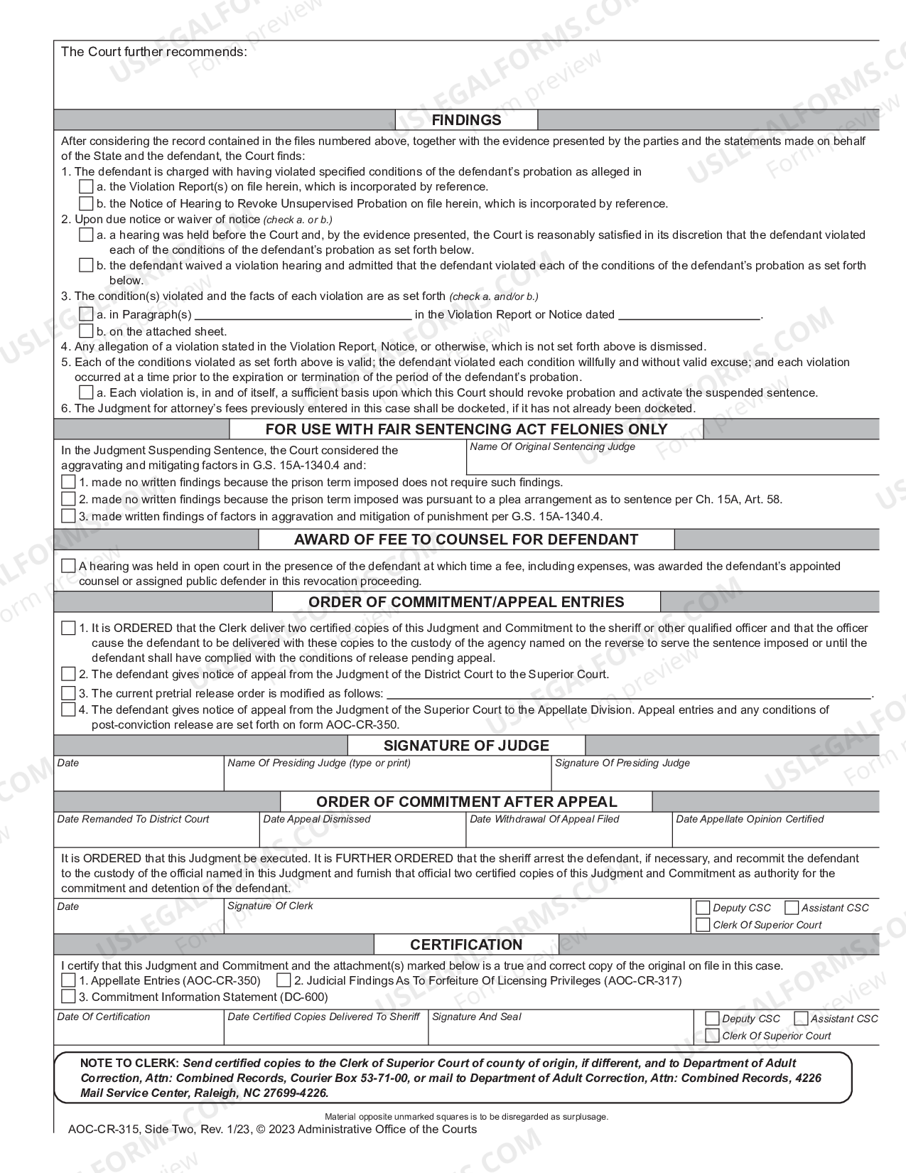 North Carolina Judgment and Commitment Upon Revocation of Probation or ...